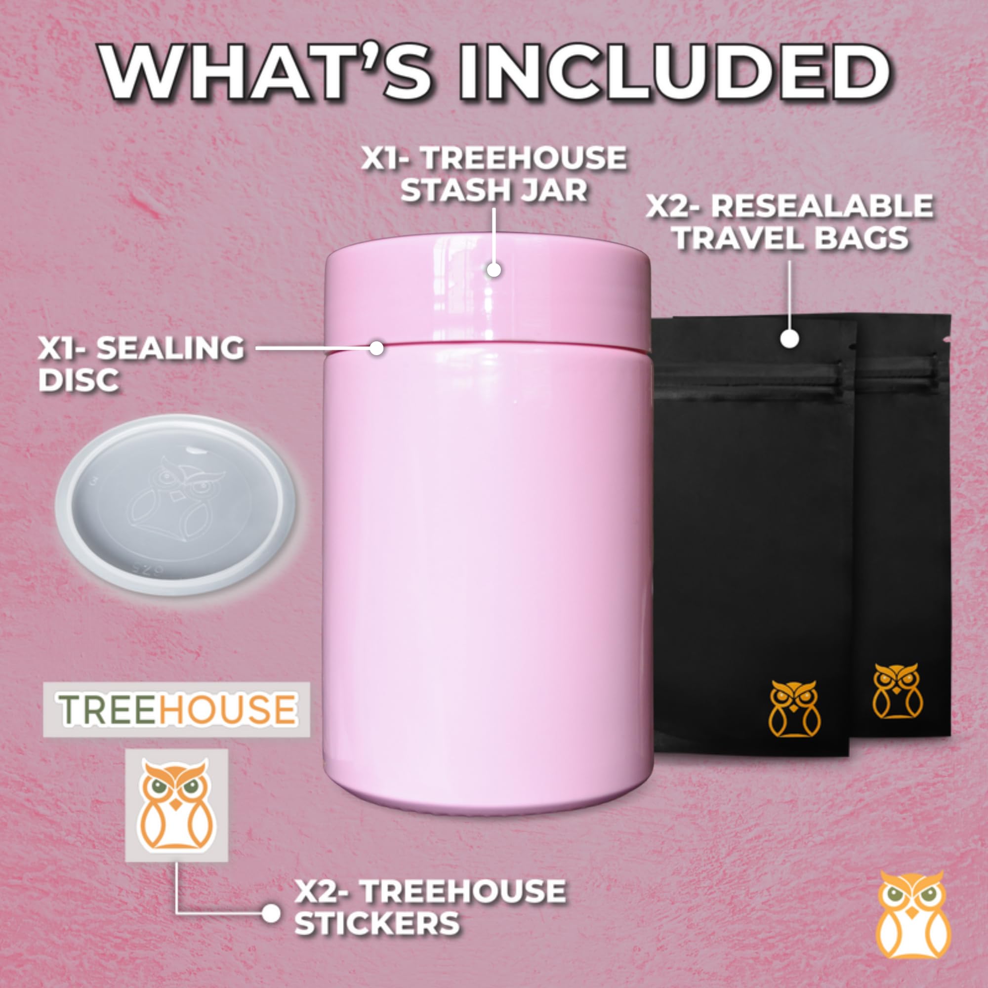 Stash Jar Smell Proof Container (500mL) for Herbs, Spices, Coffee, Teas & More, Double Sealed Air Tight Jar, Thick UV Protection Glass, Smell Proof Herb Storage, x2 Resealable Smell Proof Bags (Pink)