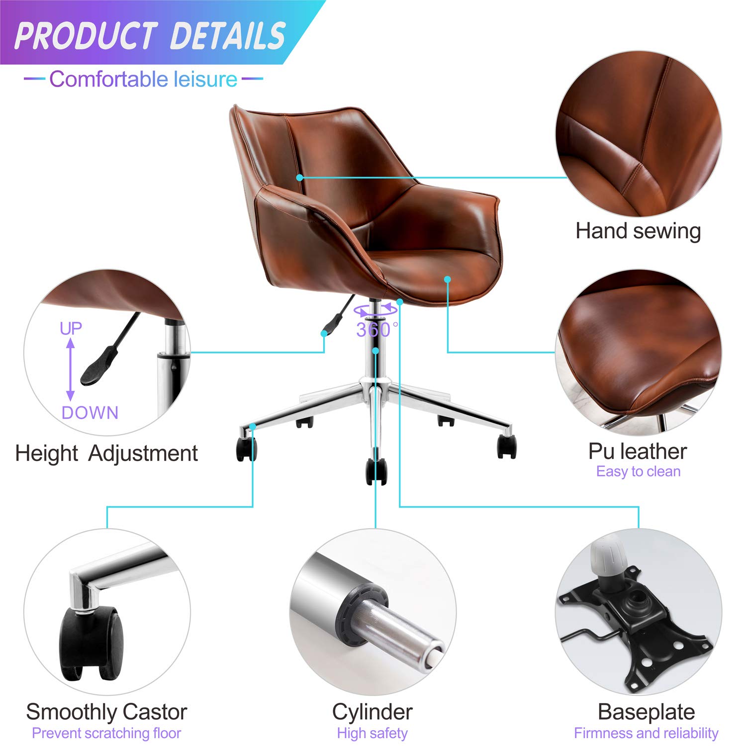 ovios Office Chair,Leather Computer Chair for Home Office or Conference.Swivel Desk Chair with Chrome Base and Arms. (Leather & Suede)