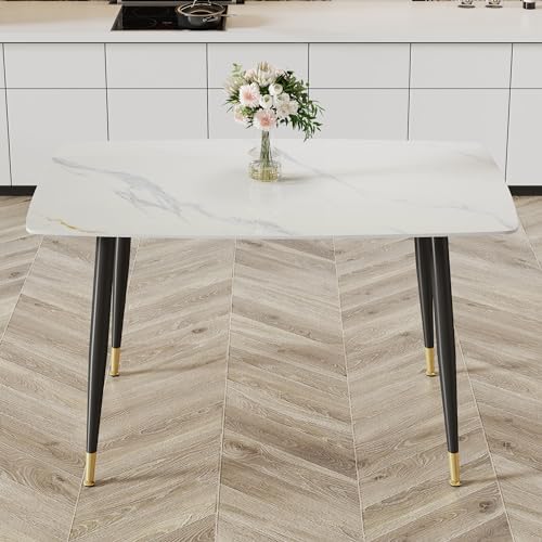 Modern Dining Table for 4, 50" Rectangular Dining Room Table with 0.47'' Sintered Stone Tabletop and Black Metal Legs, Kitchen Table for Dining Room Kitchen, Easy Assembly (White)