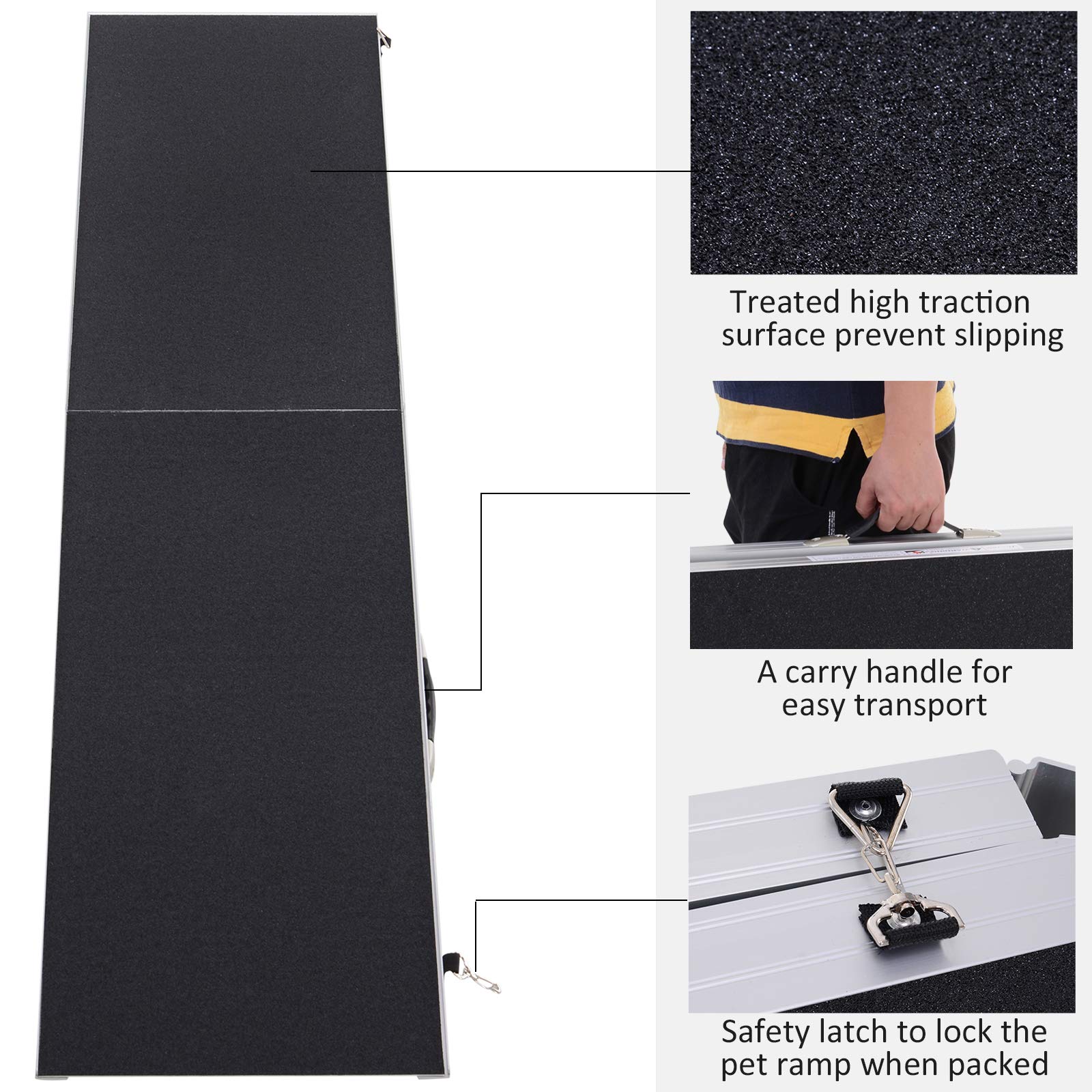 PawHut 96" Portable Bi-Fold Folding Vehicle Pet Ramp for Large Dog or Animals with Safety Lock & Convenient Carry Handle