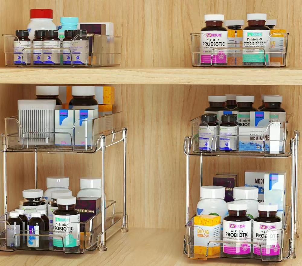 RIGEDNEF 2 Tier Clear Bathroom Organizer with Dividers, Under Sink Organizer and Storage, Slide-Out Medicine Cabinet organizer, Kitchen Pantry Storage, Bathroom Vanity Counter Organizer, 2 Pack