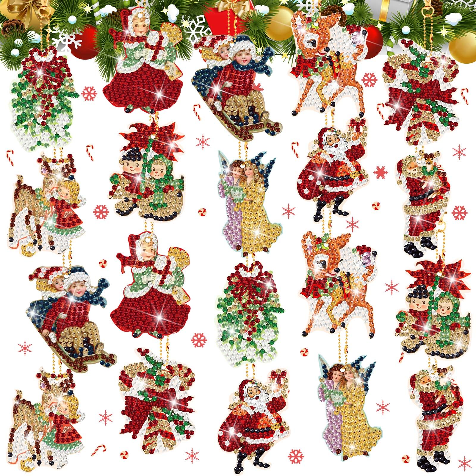 Outus 24 Pcs Vintage Diamond Painting Keychains Double Sided Diamond Key Chain Kit DIY Diamond Art Vintage Santa Claus Reindeer Snowman Keychain Ornament for Christmas Rustic Country Vintage Decor