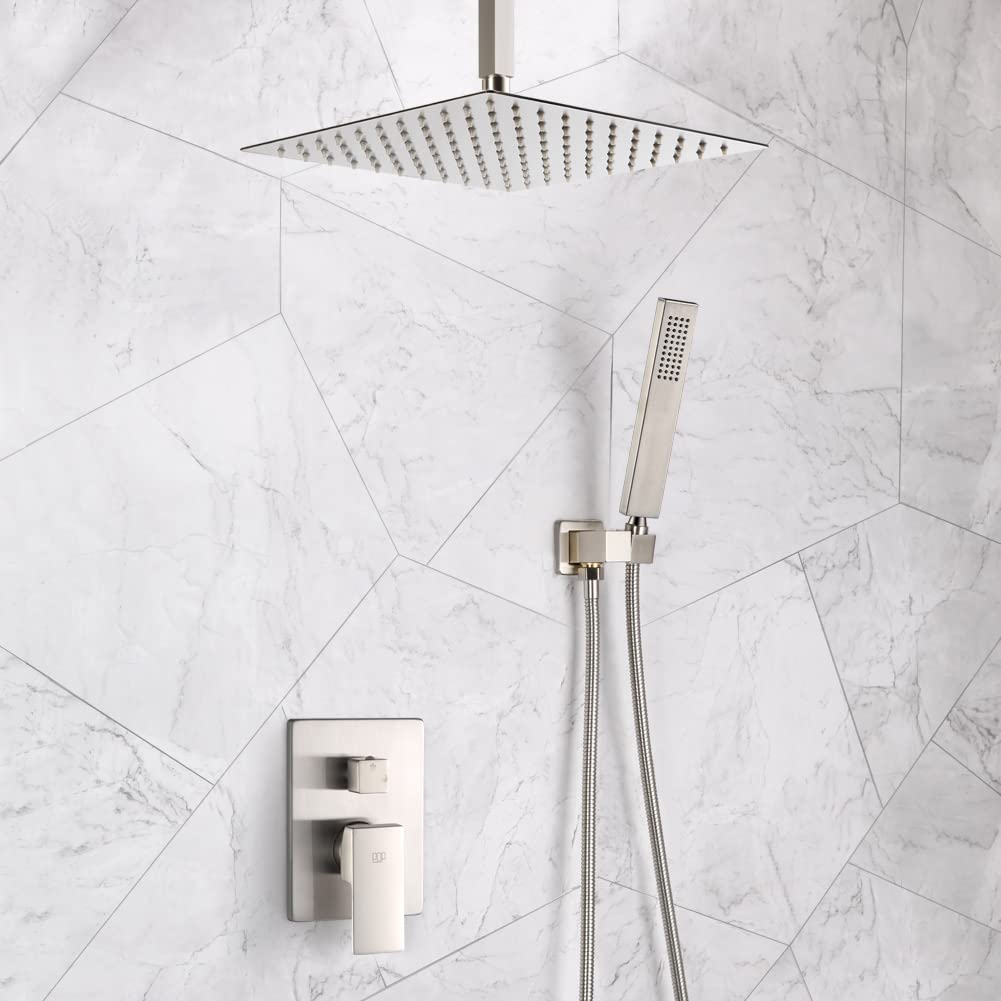 POP SANITARYWARE Ceiling Mount Shower Faucet Set Brushed Nickel Bathroom Luxury Rain Mixer 12 Inch Shower Head System with Handheld Single Handle Shower Trim Kit with Valve