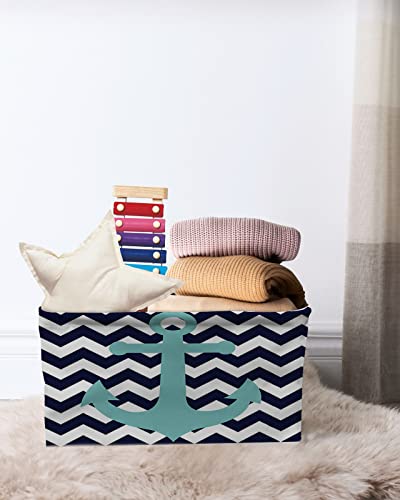 Storage Bins Large Storage Basket,Teal Anchor Black White Stripe Ripple Collapsible Storage Bins with Handle,Nautical Theme Line Art Storage Baskets Cube Organizer for Shelves Closet Nursery 1PC