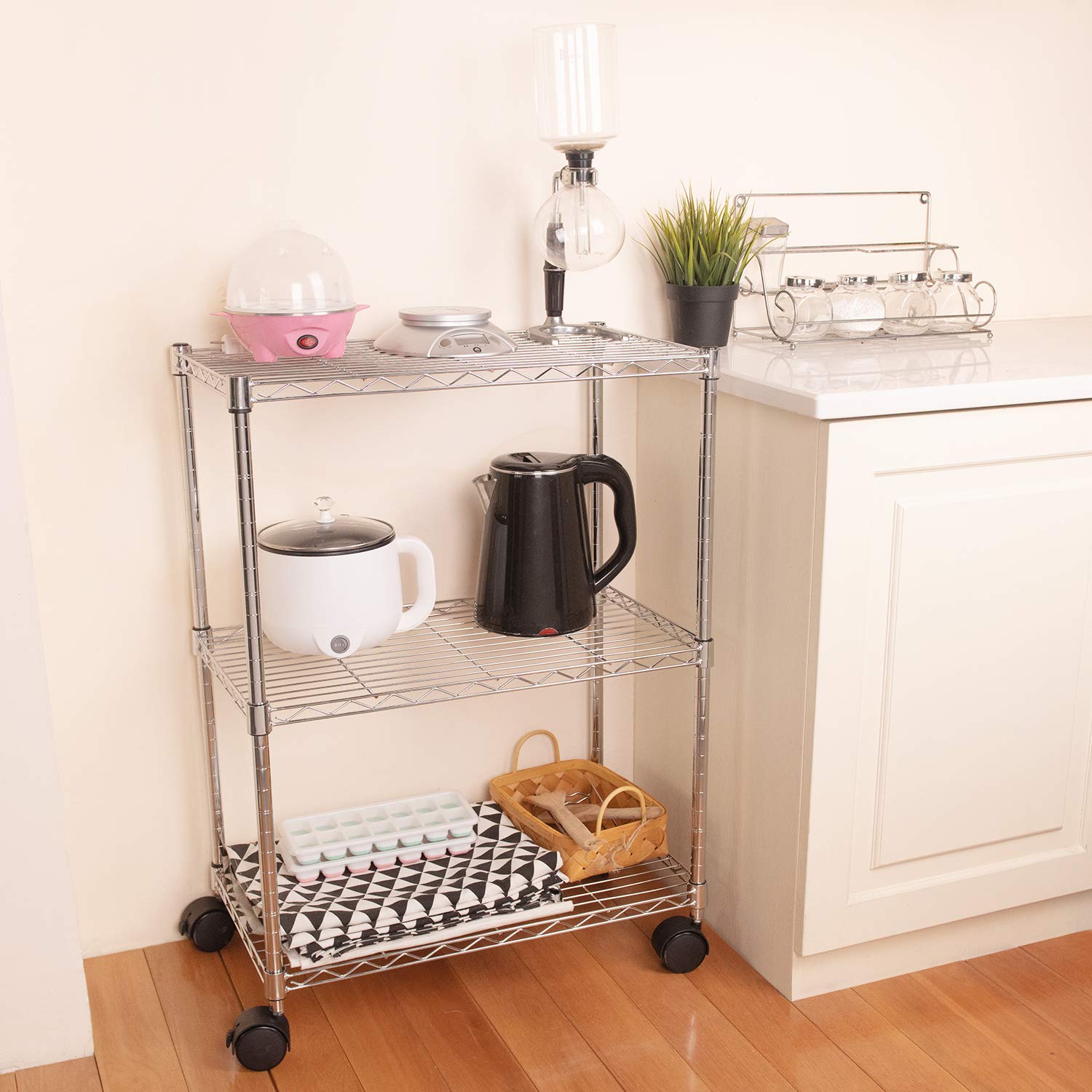 YSSOA Heavy Duty 3-Shelf Shelving with Wheels, Adjustable Storage Units 750Lb Capacity, Steel Organizer Wire Rack, 24.02โL x 13.78" W x 30โH, Chrome