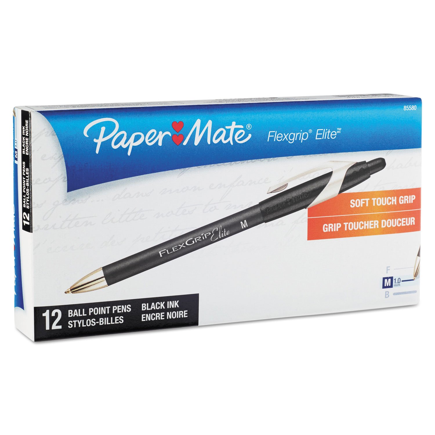 Paper Mate 85580 FlexGrip Elite Ballpoint Retractable Pen, Black Ink, Medium, Dozen