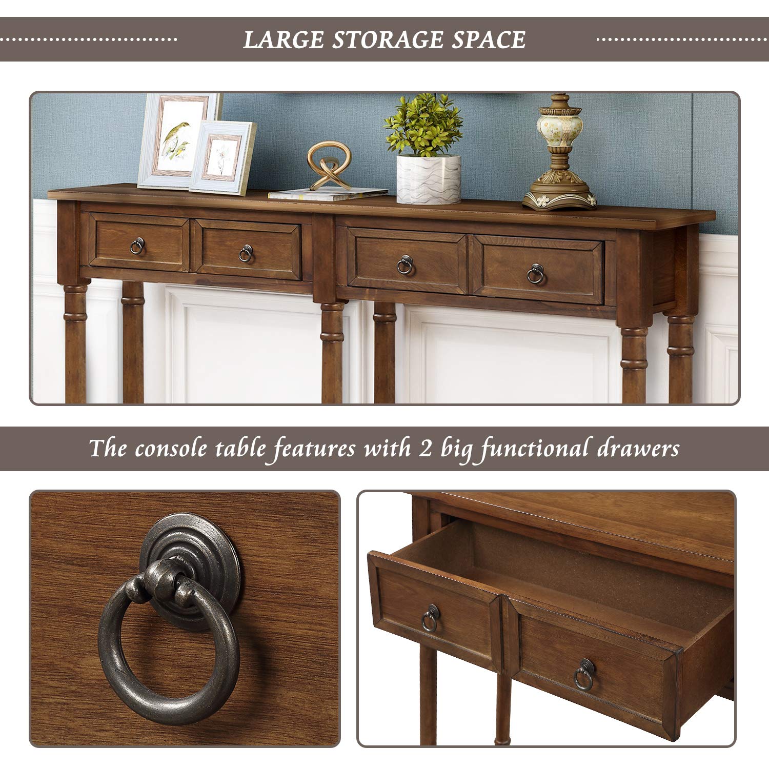 Solid Wood Console Table Sideboard with Drawers & Botton Storage Shelf, Modern Rectangular Sofa Table for Entryway Hallway Living Room, Rustic Narrow Entryway Table End Table for Home Office (Walnut)