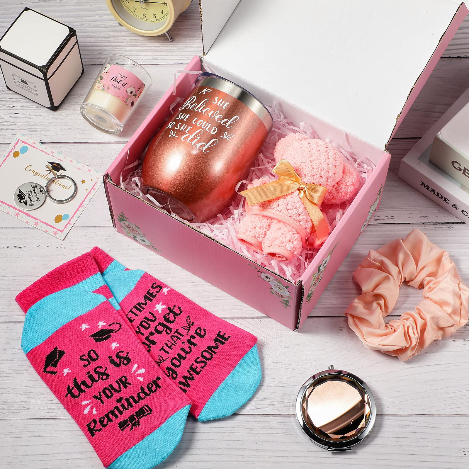 Teling Graduation Gifts for Her Graduation Gift Basket Set Includes Coffee Mug, Bracelet, Keychain, Candle, Towel, Socks, Scrunchie, Mirror Candle Card for Senior College Graduation Party (Pink)