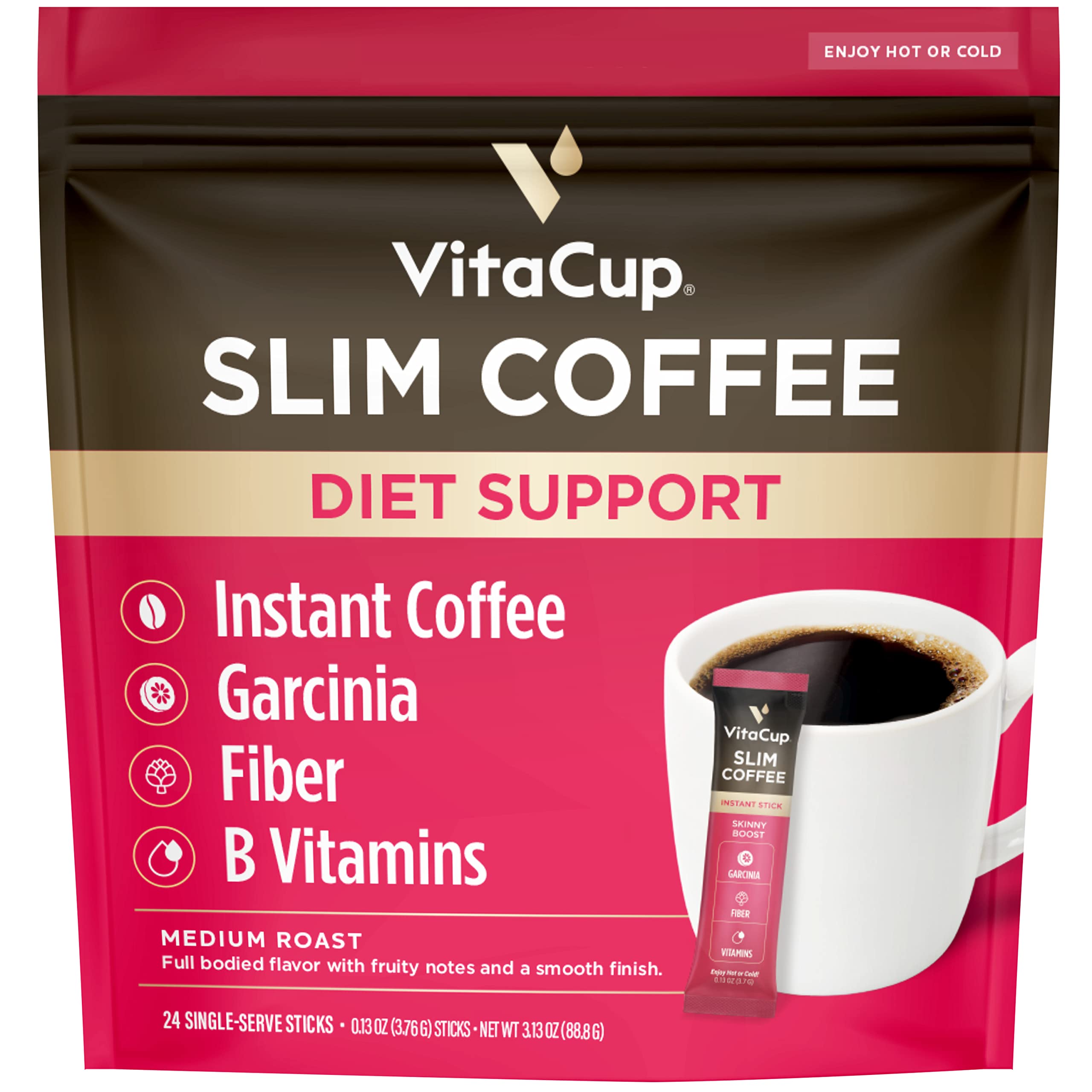 VitaCup Slim Instant Coffee Packets, with Garcinia, Fiber, B Vitamins, Bold & Smooth, Medium Dark Roast, 100% Arabica Coffee in Single Serve Sticks, 24 Ct