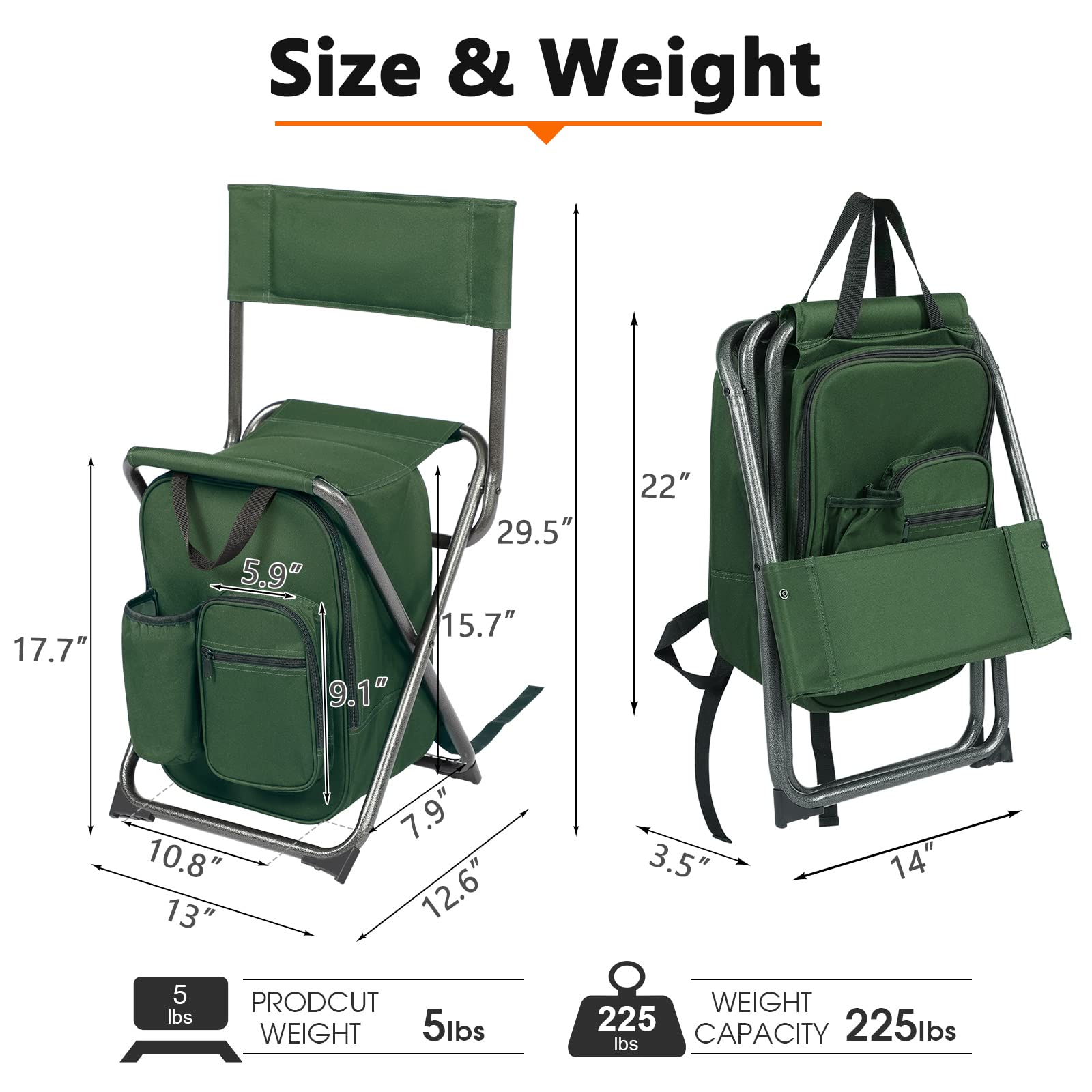 PORTAL Lightweight Backrest Stool Compact Folding Chair Seat with Cooler Bag and Backpack Straps for Fishing, Camping, Hiking, Supports 225 lbs