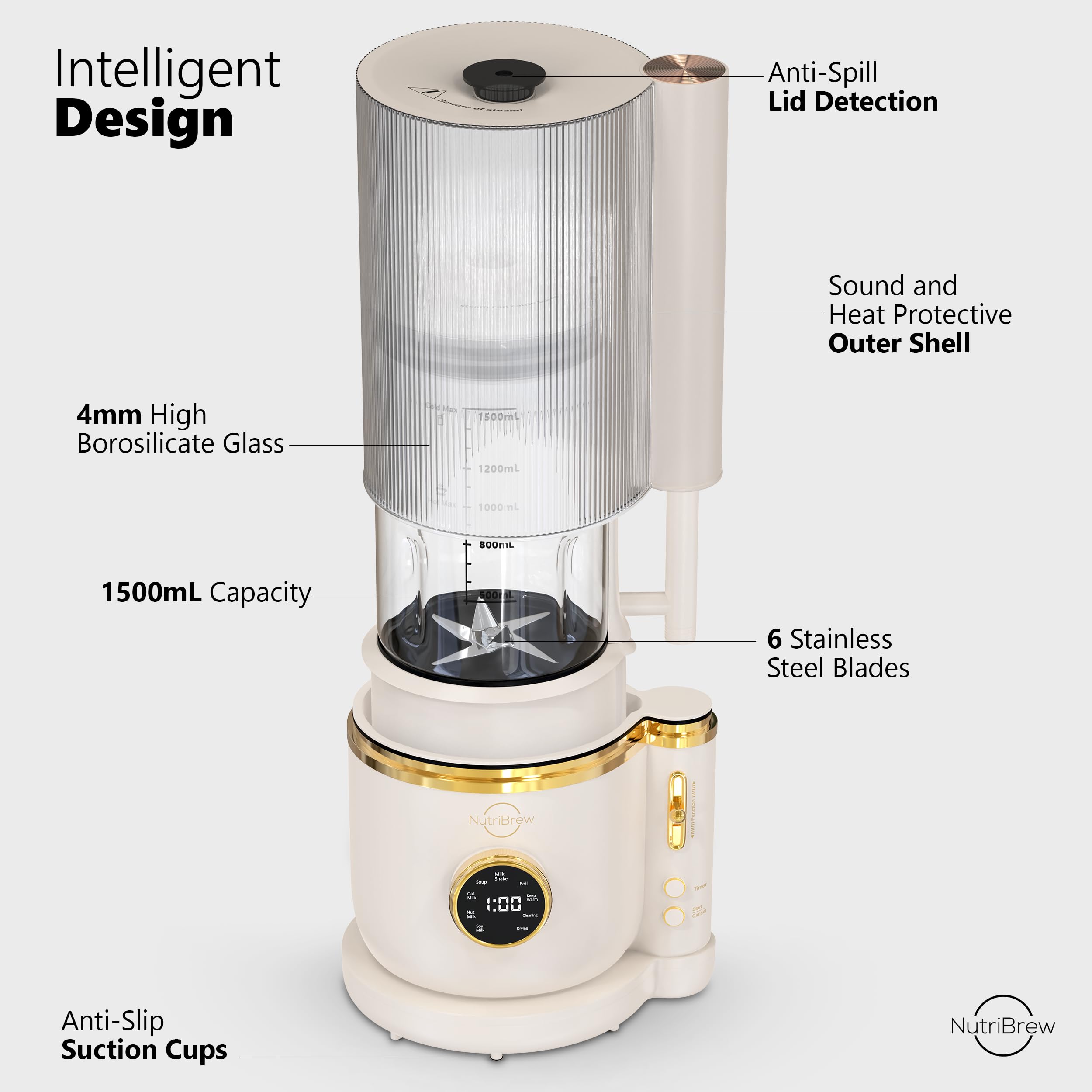 NutriBrew 50oz Automatic Nut Milk Maker Machine (1500 ml) Homemade Almond, Oat Soy Milk & More Plant Based Milk and Dairy Free Beverages Intelligent Functions With Delay Start and Easy Brew.