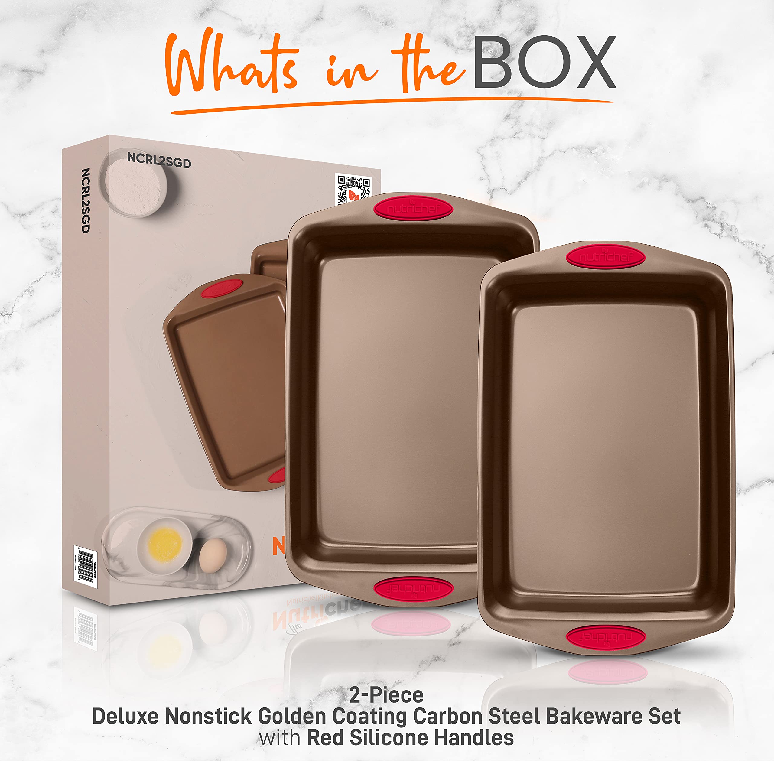 NutriChef 2-Piece Baking Pan Set - PFOA, PFOS, PTFE Free Flexible Nonstick Golden Coating Carbon Steel Bakeware - Professional Home Kitchen Bake Cookie Sheet Stackable Tray w/Red Silicone Handles