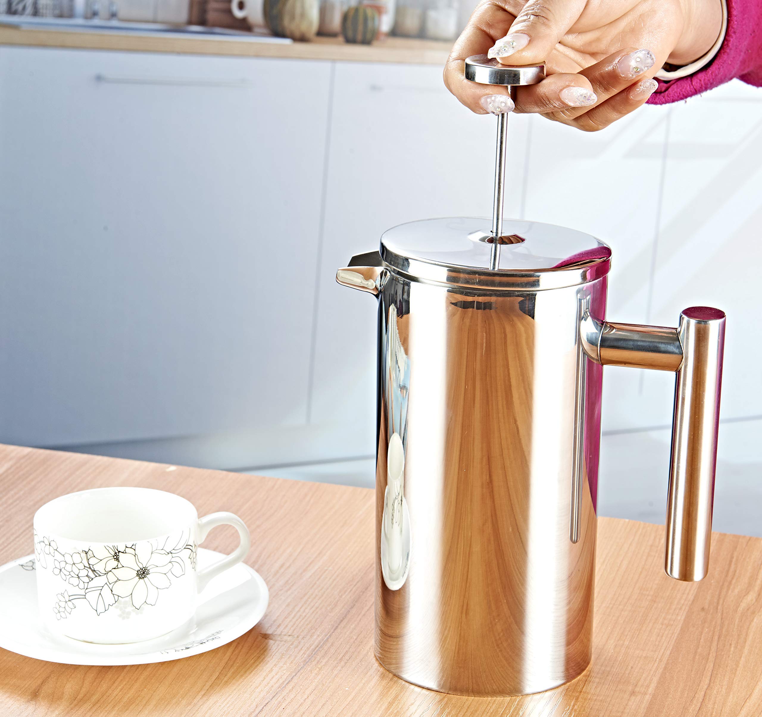 vitasunhow Insulated French Press Coffee Maker Stainless Steel Double-Wall Metal 3 Level Filtration System, Rust-Free Dishwasher Safe