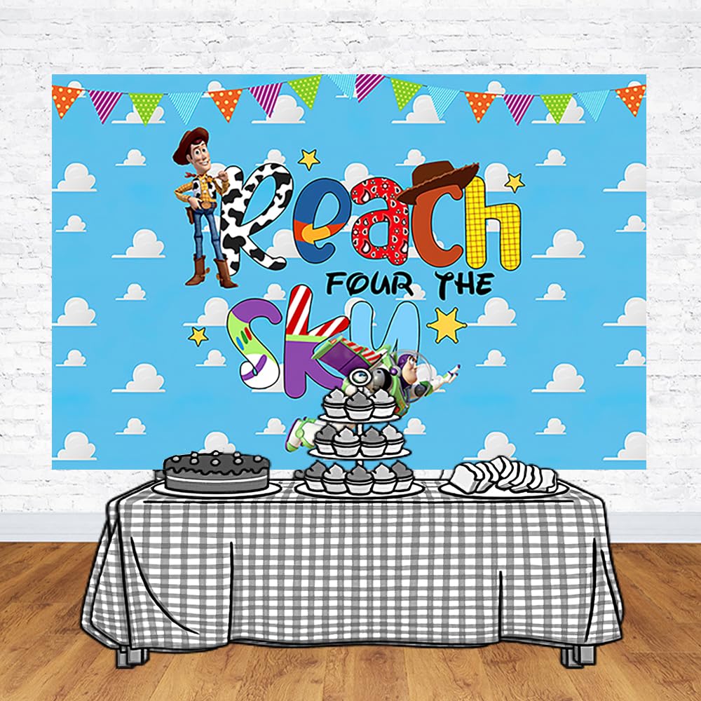 Reach Four The Sky Backdrop for 4th Birthday Party Supplies White Clouds Photo Backgrounds 4th Birthday Theme Baby Shower Banner 59x38in