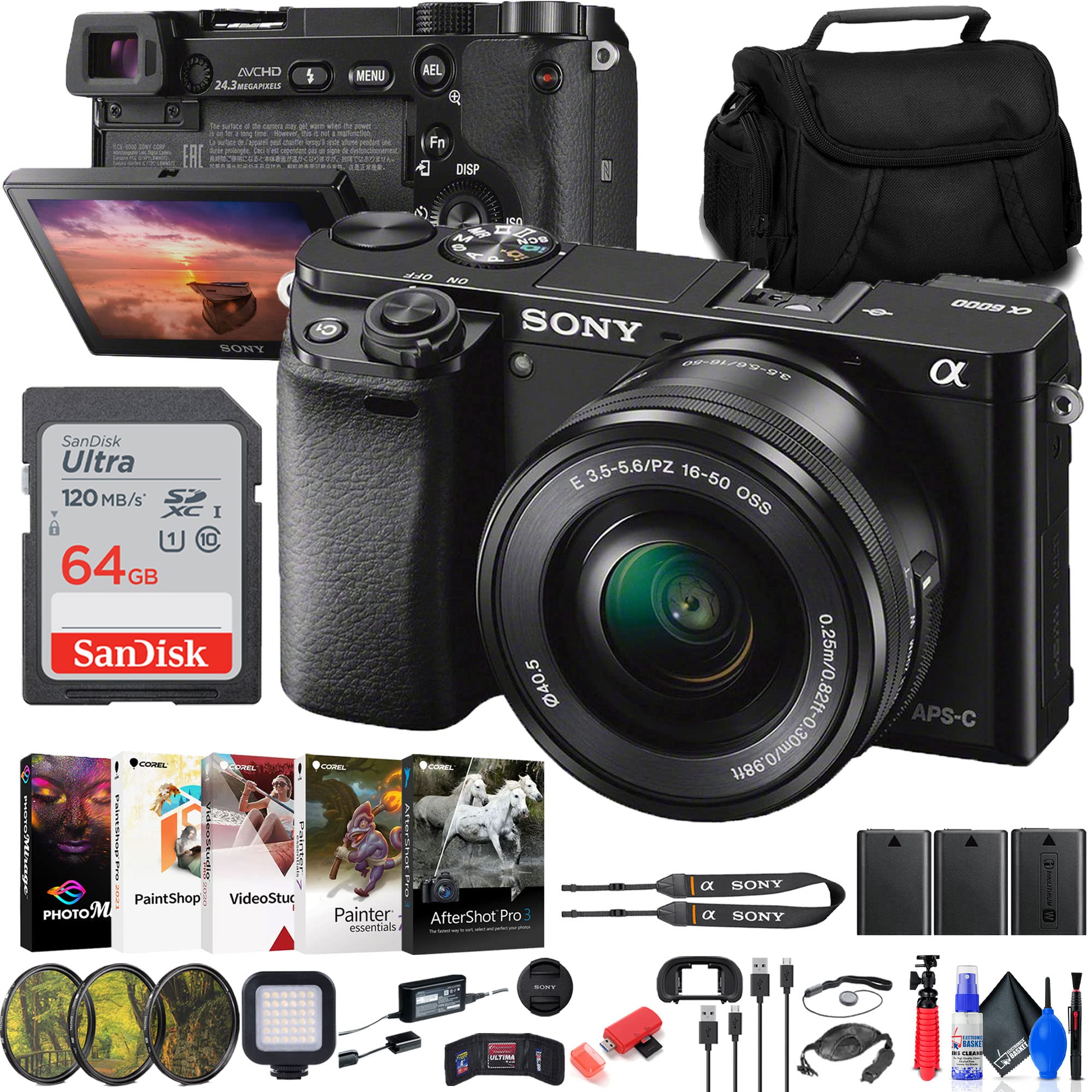 Sony Alpha a6000 Mirrorless Camera with 16-50mm Lens (ILCE6000L/B) + Filter Kit + 64GB Card + 2 x NPF-W50 Battery + Card Reader + LED Light + Corel Photo Software + Case + Flex Tripod + More (Renewed)
