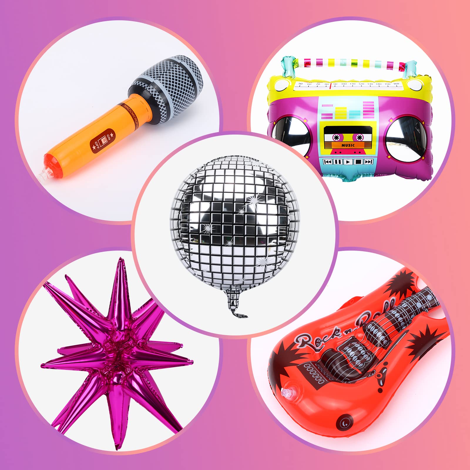 RUBFAC 90s 80s Theme Party Decorations Balloon Arch Kit Inflatable Disco Ball Microphone Rainbow Roller Skate Boom Box Guitar Exploding Star Balloon for Hip Hop Birthday Supplies