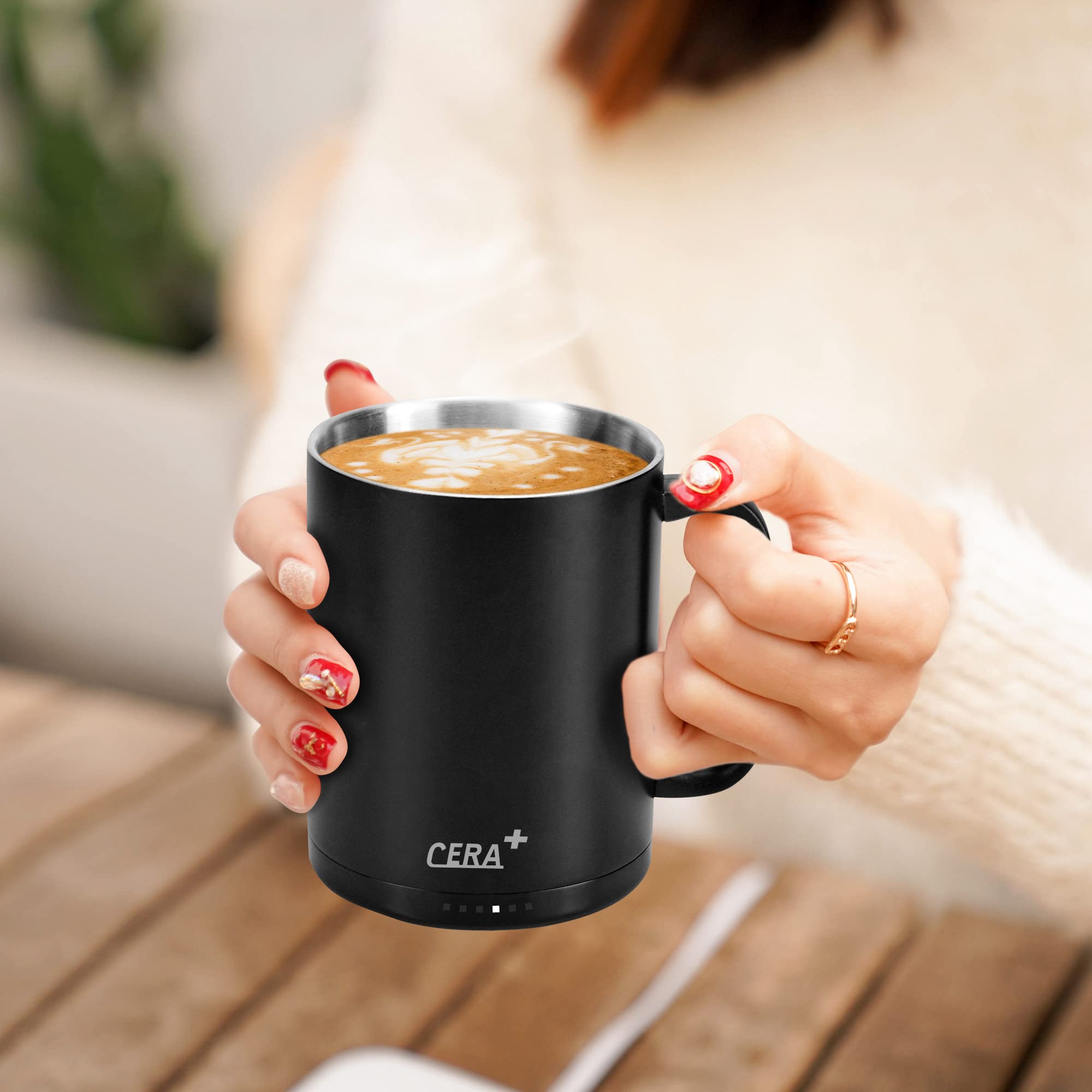 Temperature Control Smart Mug with Lid, 14oz, Self Heating, 1.5-hr Battery Life + Type-C Charging Coaster,APP or Manual Controlled, On/Off Time Preset by APP, Double Layers S.S, Gift-Packing