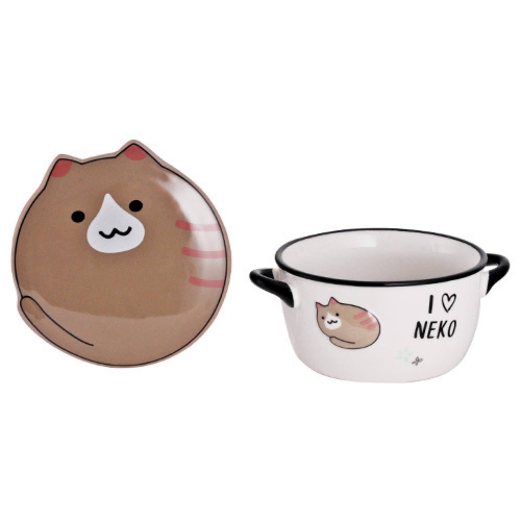 White and Brown Ceramic Japanese Bowl with Lid and Mini Handles, Neko Lucky Cat Microwavable Dish for Noodles and Rice, 5 3/4 Inches