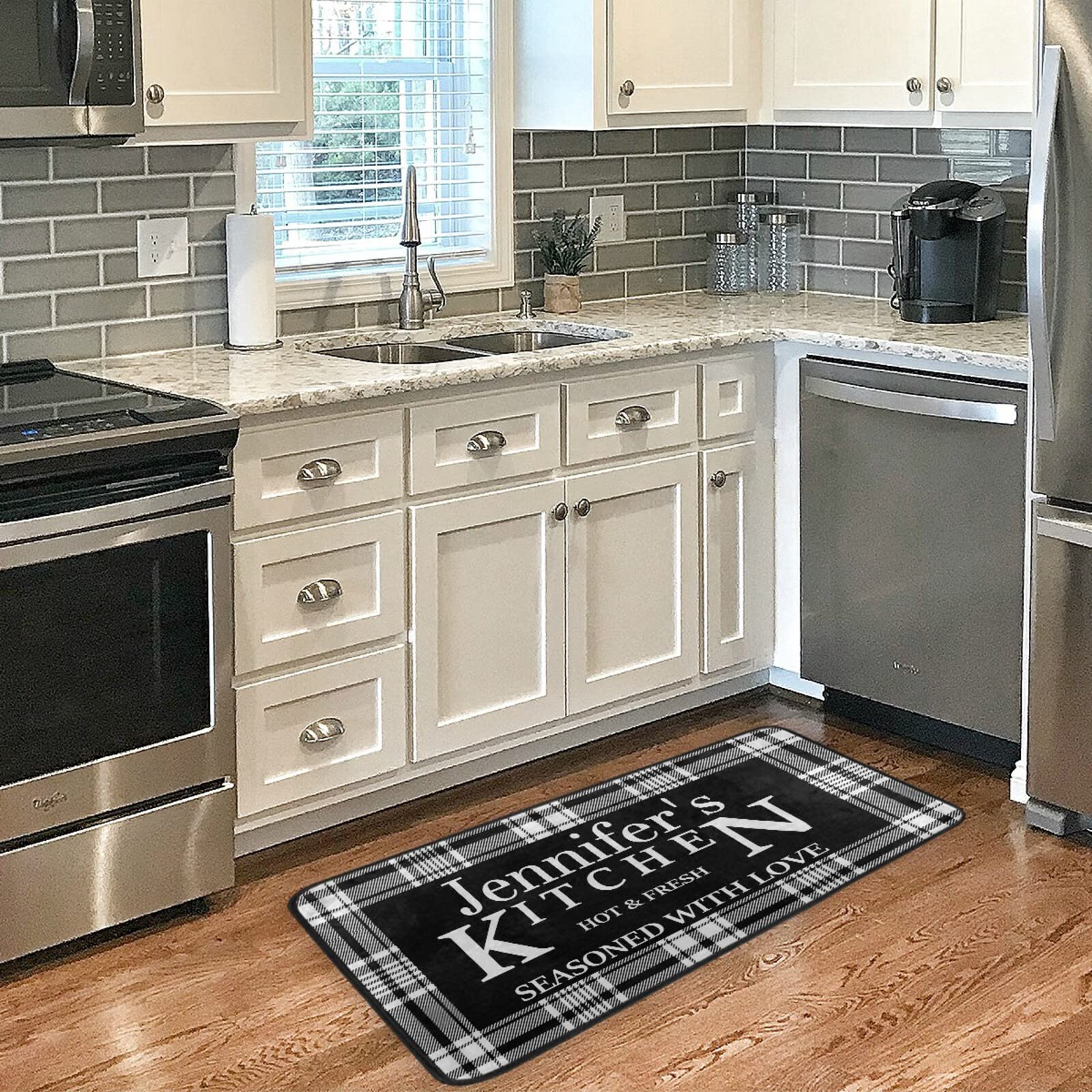 White Buffalo Plaid Custom Kitchen Rugs Non Slip Kitchen Floor Mats Cushioned Personalized Kitchen Mats and Rugs Anti Fatigue Mats for Bathroom Laundry Room Standing Home - 39x20 IN Seasoned Love
