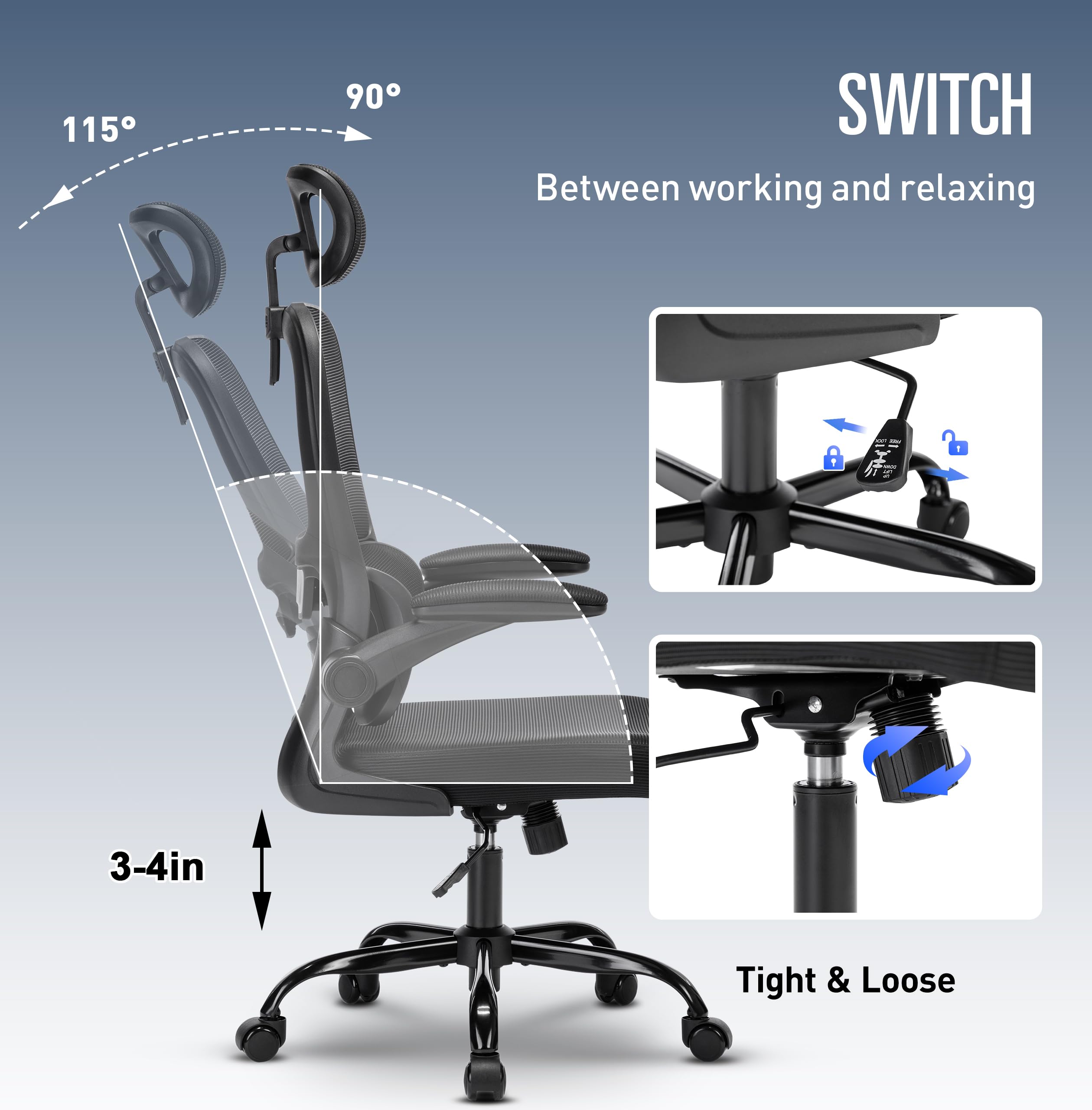 SOMEET Ergonomic Mesh Office Chair Big and Tall, Oversized Adjustable Headrest and 3D Armrests Executive High Back Desk Chair, Multifunctional Swivel Computer Task Chair with Lumbar Support, Black