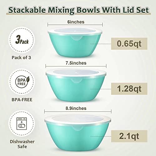 Wehome Mixing Bowls with Lids Set,Plastic Mixing Bowls for Kitchen Preparing,Serving and Storing,Set of 3-Includes 3 Bowls and 3 Lids,BPA-FREE Neat Nesting Bowls with Sealing Lids (Aqua)