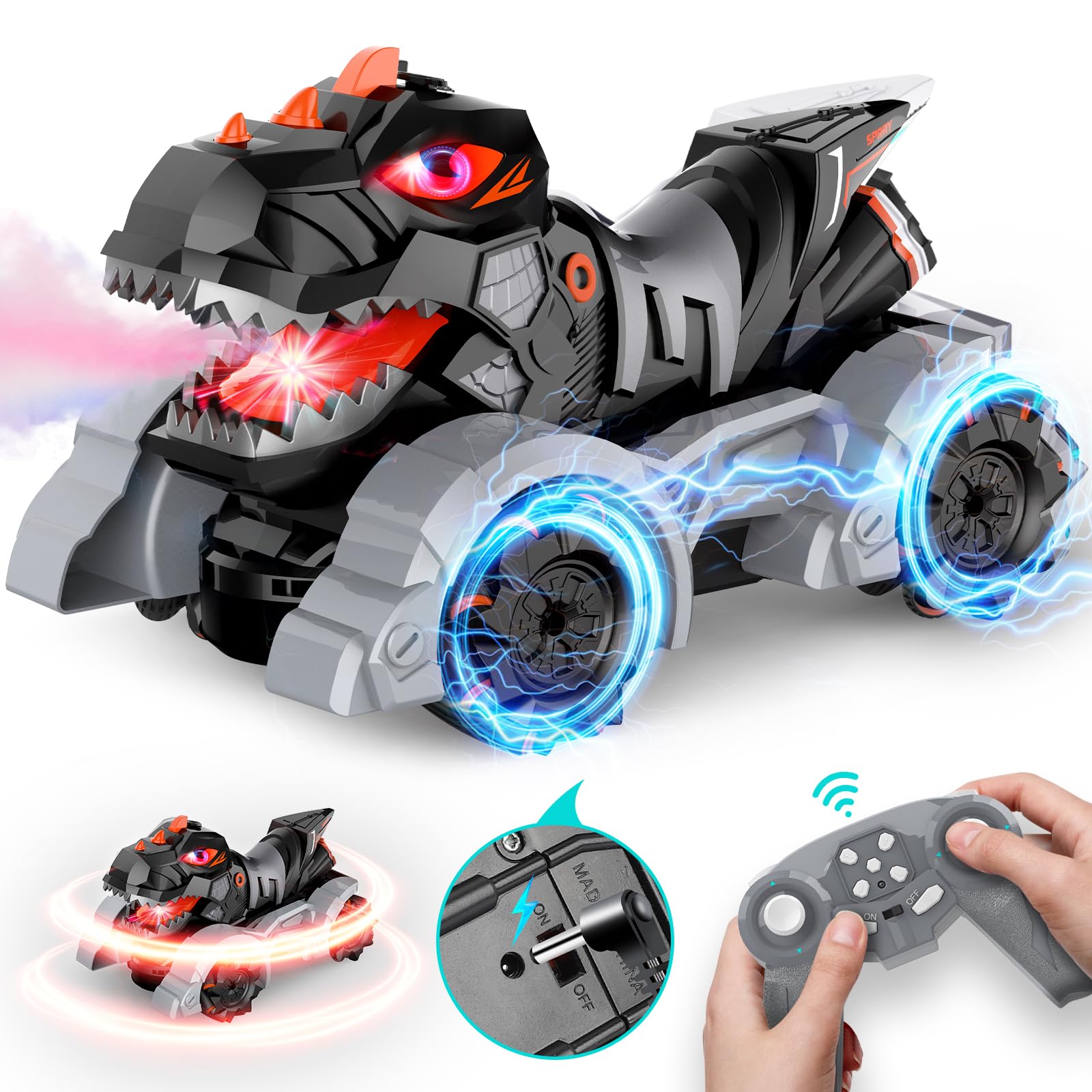 RC Cars Dinosaur Toys, 1:14 2.4 GHz Remote Control Car Monster Trucks With Light Music & Spray, 1200mAh Rechargeable RC Trucks Dinosaur Toys for Kids 5-7 8-12, Chrismas Gifts for Boys Kids (Black)