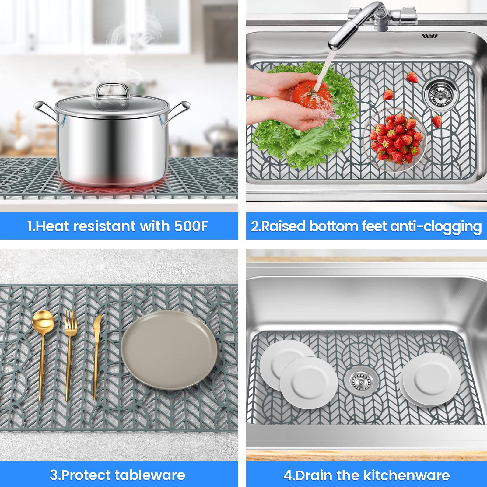 SPOLLSES 28.2"x15" Sink Protectors for Kitchen Sink,Silicone Sink Mat Fit Any Drain Sink Grid Accessory, Kitchen Sink Mats for Bottom of Farmhouse Stainless Steel/Porcelain Sink-With 9 Reserved Holes