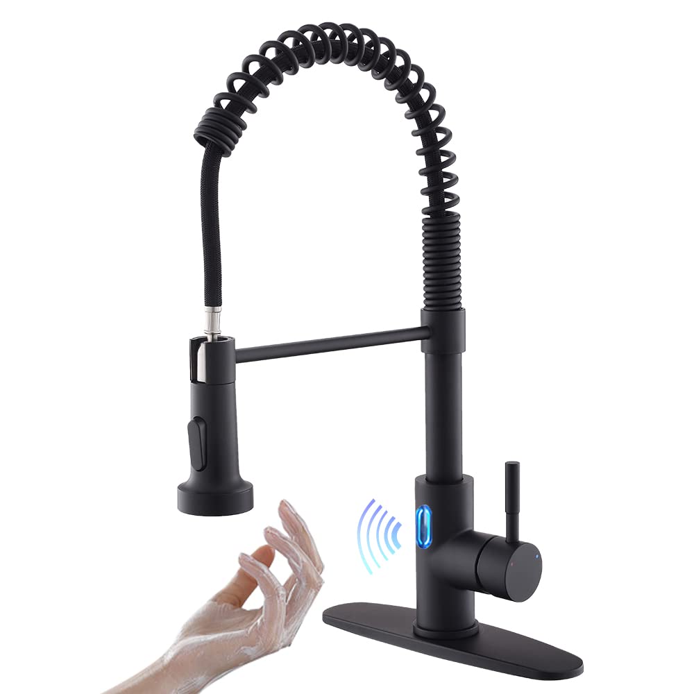 OWOFAN Touchless Kitchen Faucet with Pull Down Sprayer LED Light Single Handle Kitchen Sink Faucet Motion Sensor Smart Hands-Free, Stainless Steel Black 1078R