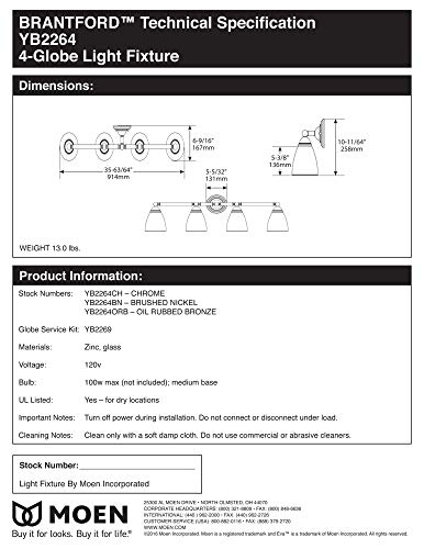 Moen YB2264BN Brantford 4-Light Dual-Mount Bathroom Vanity Fixture with Frosted Glass, Brushed Nickel