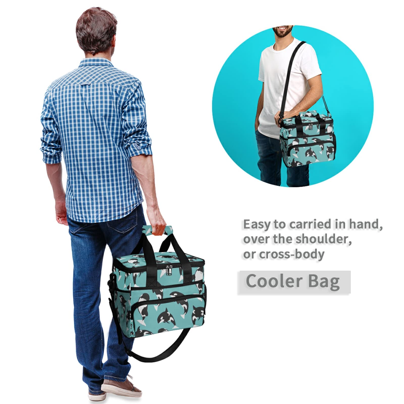 WELLDAY Lunch Bag Killer Whale Pattern Insulated Cooler Reusable Lunch Box with Shoulder Strap for Picnic Hiking