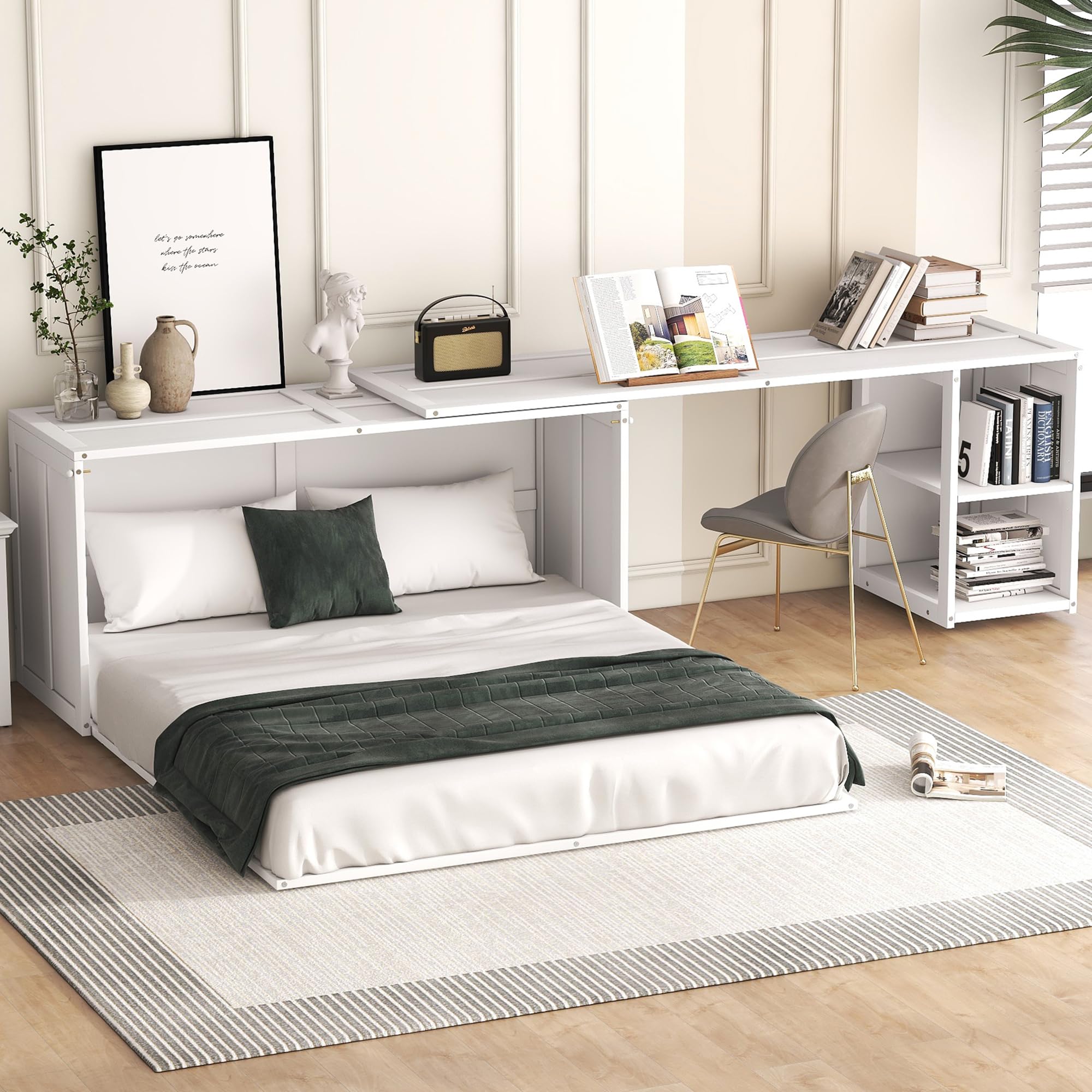OPTOUGH Queen Size Rotable Desk and Storage Shelves, Cube Cabinet Murphy Wall, Wooden Foldable Floor Bed Frame for Bedroom Living Room Furniture,White