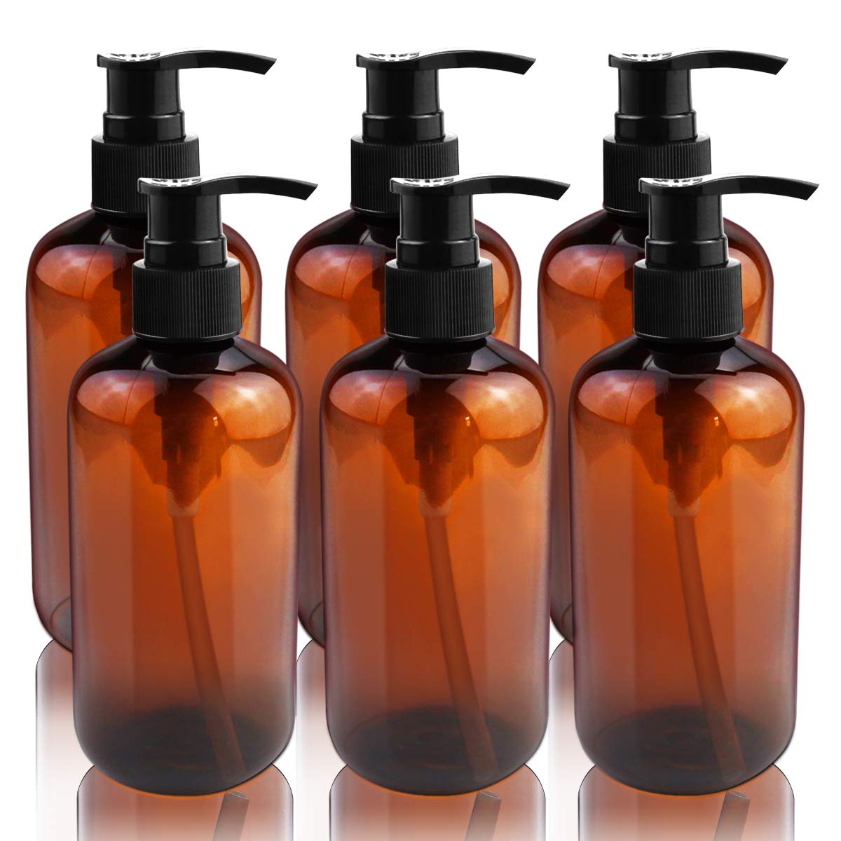 SKPPC 6 Pack 8oz Empty Plastic Pump Bottles, BPA-Free, Amber Refillable Pump Lotion Bottles with Travel Lock for Body Wash, Shampoo, Hand Sanitizer, Lotion