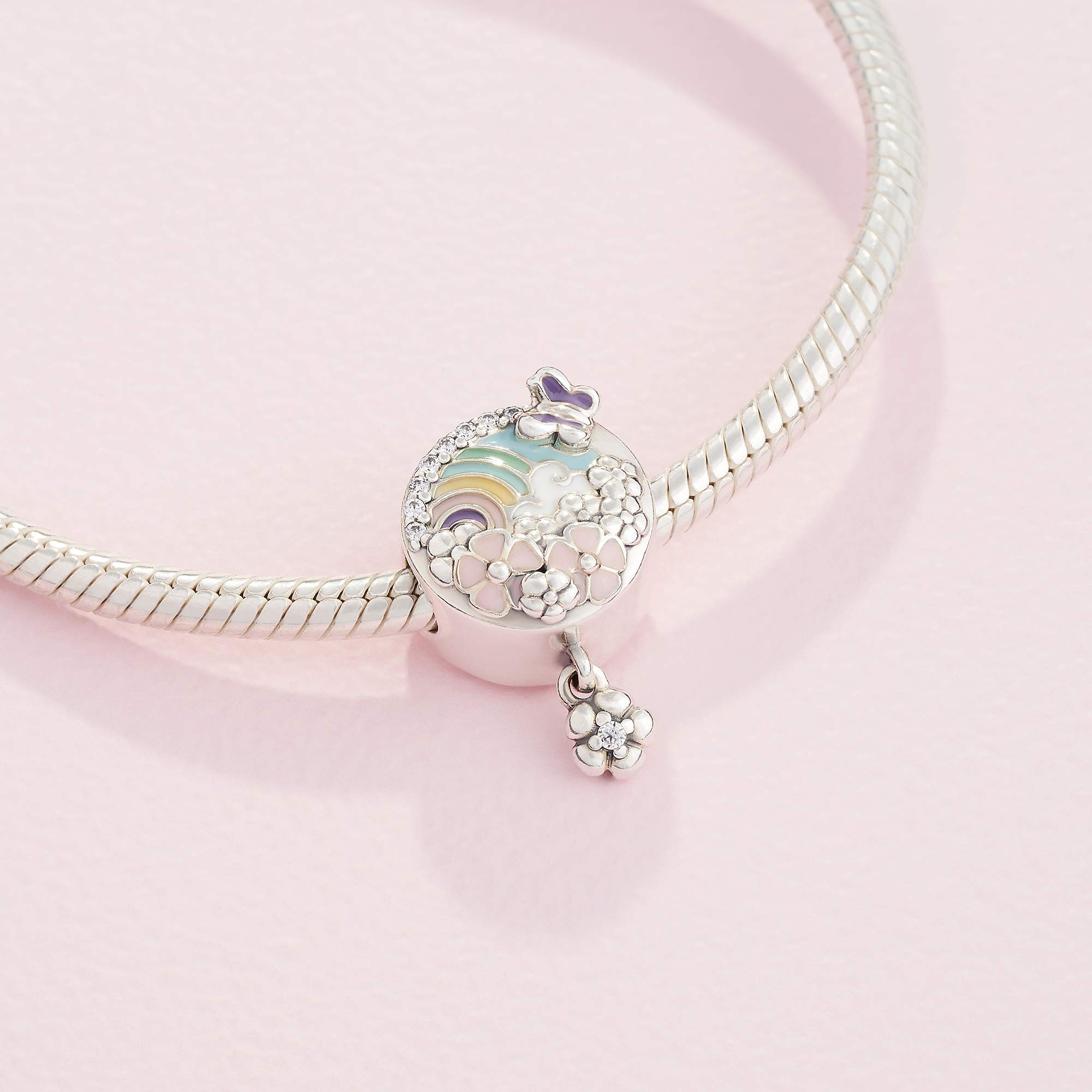 Pandora Jewelry Rainbow and Flower Dangle Cubic Zirconia Charm in Sterling Silver