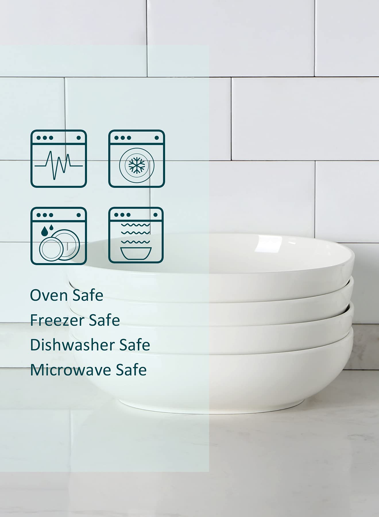 Teocera Pasta Bowls, Salad Bowls Set, Large Serving Bowls, 50 Ounce Porcelain White Bowls Set of 4 - Square Design, Microwave Dishwasher Safe