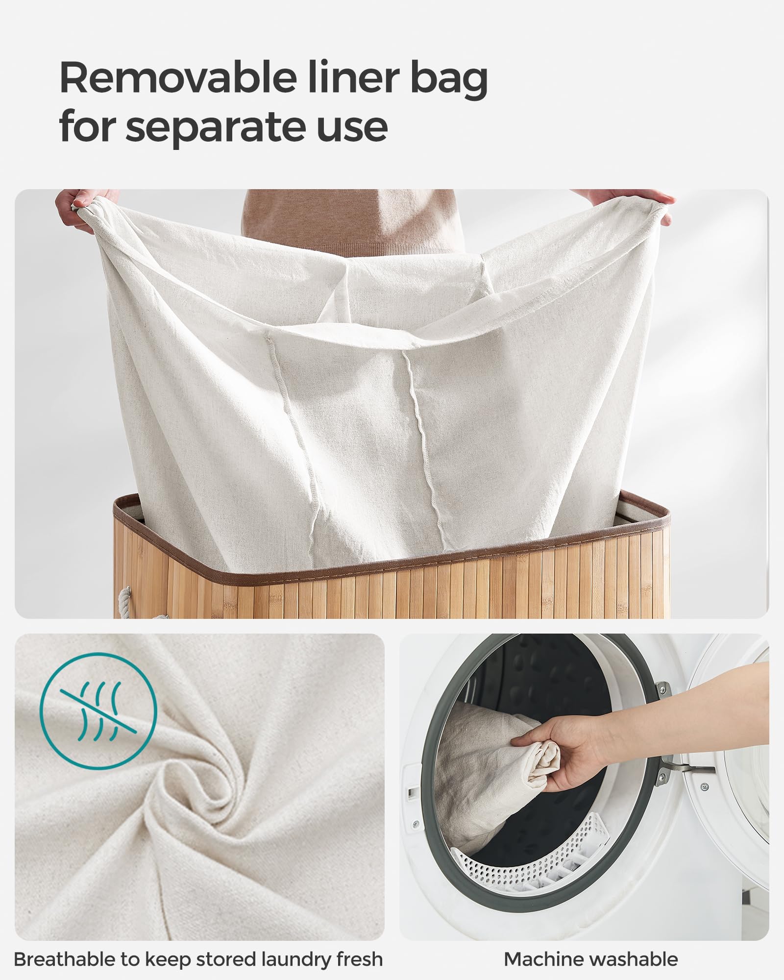 SONGMICS Laundry Hamper, 39.6 Gallons (150L), 3-Section Laundry Basket, Laundry Hamper with Lid, Bamboo, Foldable, Removable and Machine Washable Liner, for Laundry Room, Bedroom, Natural ULCB091N01