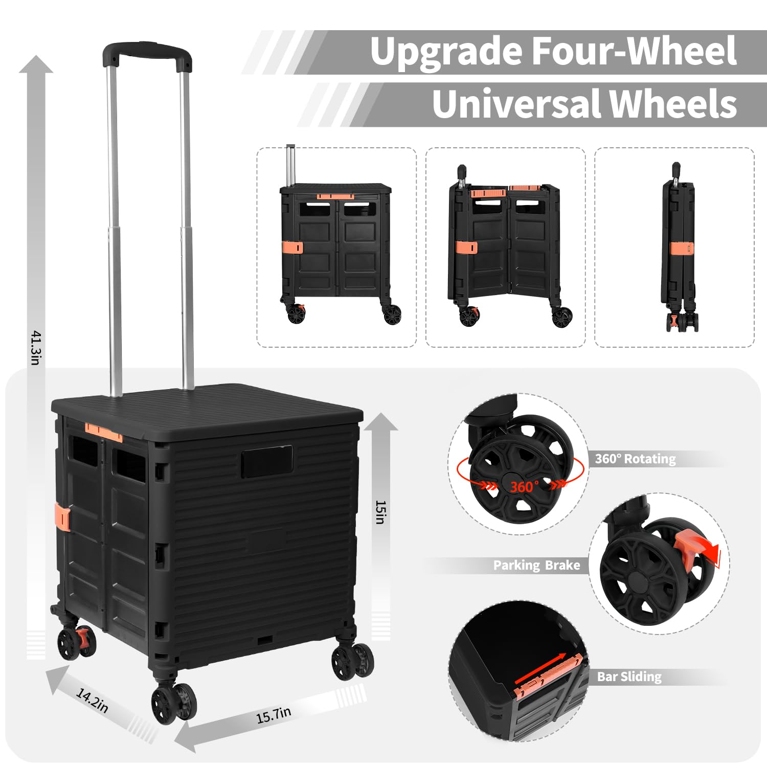 Rolling Crate Utility Cart Collapsible Tote Basket Teacher Cart with Lid Wear-Resistant Noiseless 360°Rotate Wheel Telescoping Handle for Trave Moving Luggage Use(Black,110lbs)