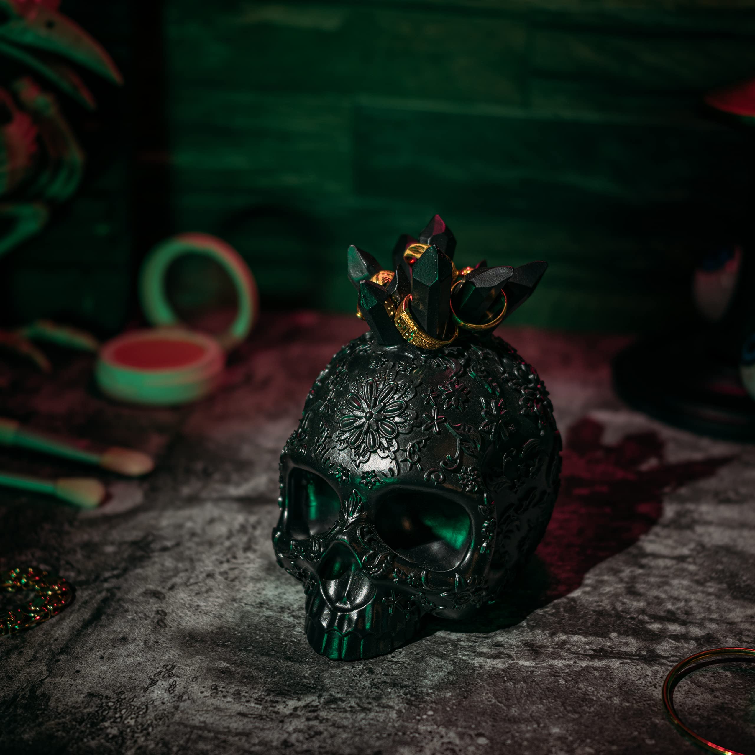 Skull Crystals Ring Holder, 3.75" H For & Year Round - Skull Decor, Goth Ring Organizer, Storage Display, Skeleton Jewelry Holder Trinket Rings Tray - Gothic & Emo Decor - Spooky Oddity