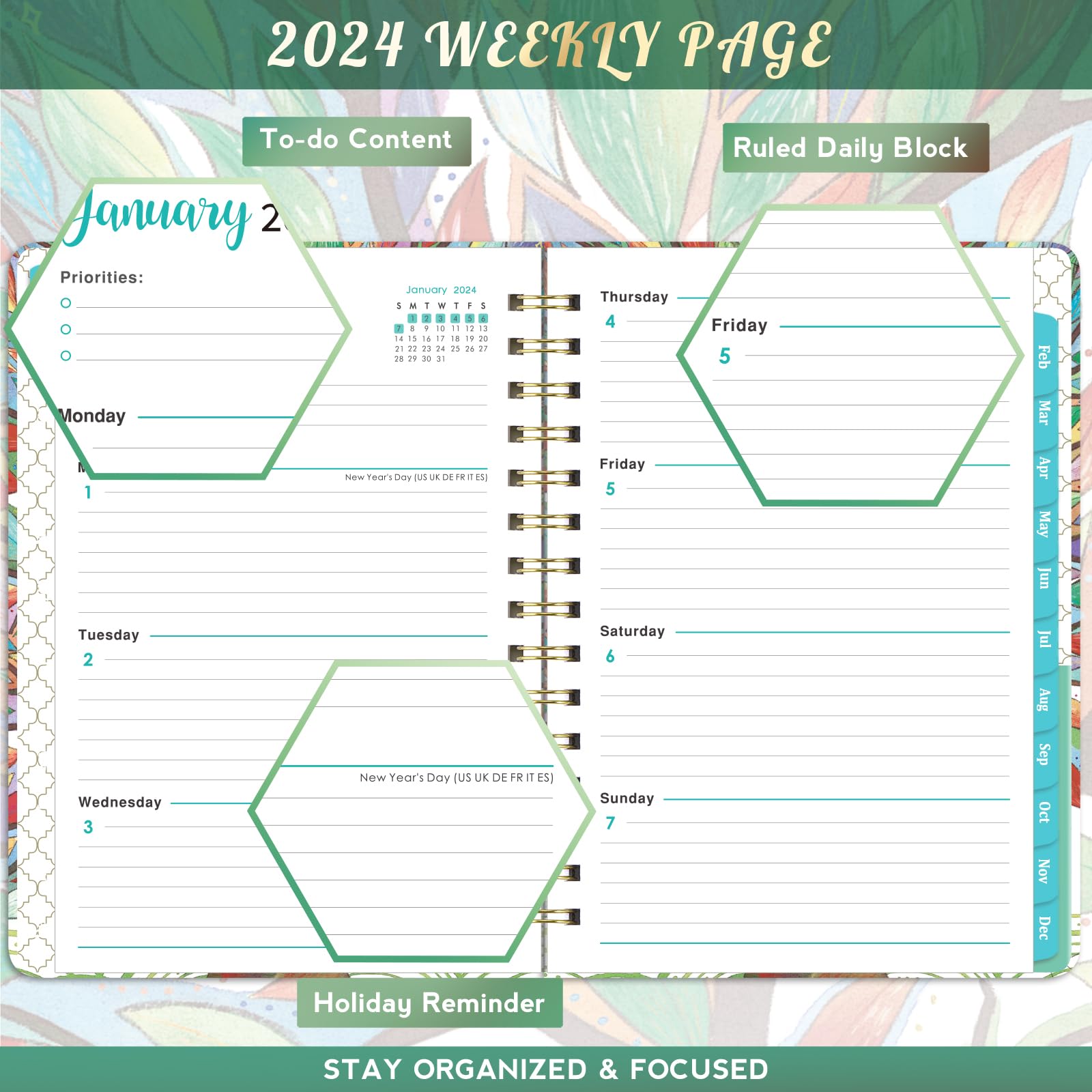Planner 2024 - JAN. 2024 - DEC. 2024, 2024 Planner, Planner 2024, Weekly & Monthly Planner 2024 with Tabs, 6.3" x 8.4", Hardcover with Back Pocket + Thick Paper + Twin-Wire Binding - Watercolor Tree
