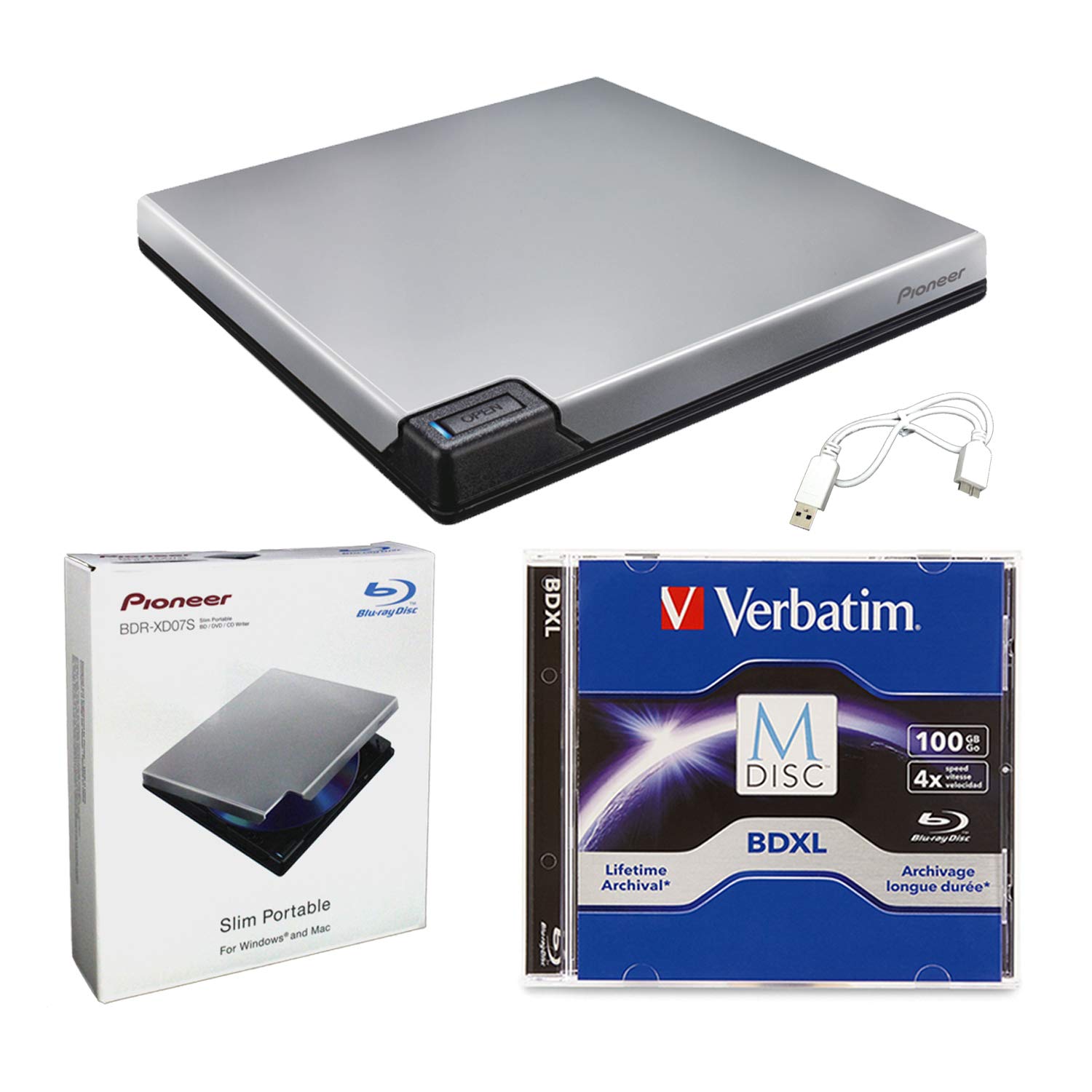 Produplicator Pioneer BDR-XD07S Portable 6X Blu-ray Burner External Drive Bundle with 100GB M-DISC BDXL and USB Cable - Burns CD DVD BD DL BDXL Discs