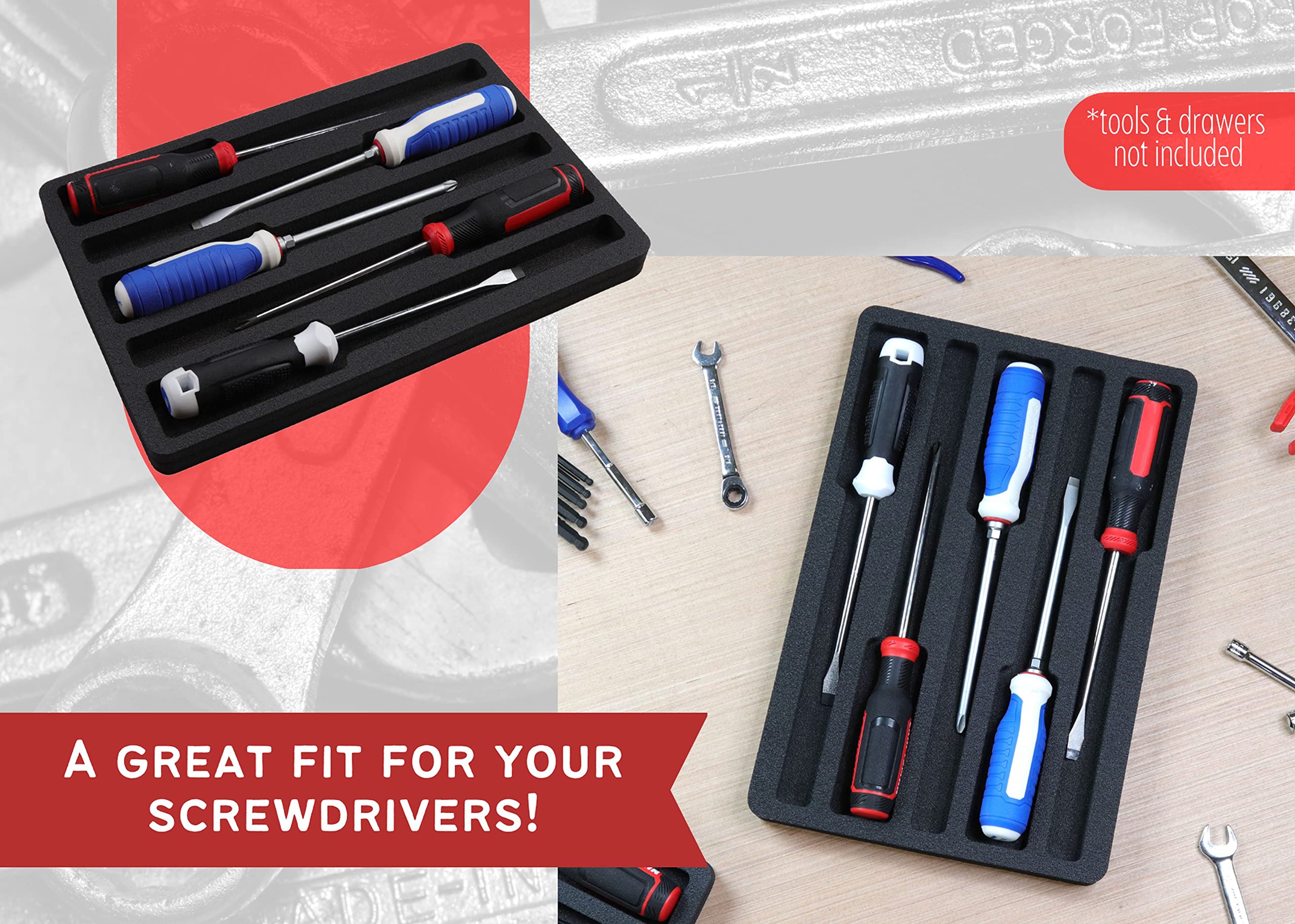 Polar Whale Tool Drawer Organizer 3-Piece Screwdriver Insert Set Black Durable Foam Holds Many Tools 15 x 10 Inch Trays Fits Craftsman Husky Kobalt Milwaukee Many Others