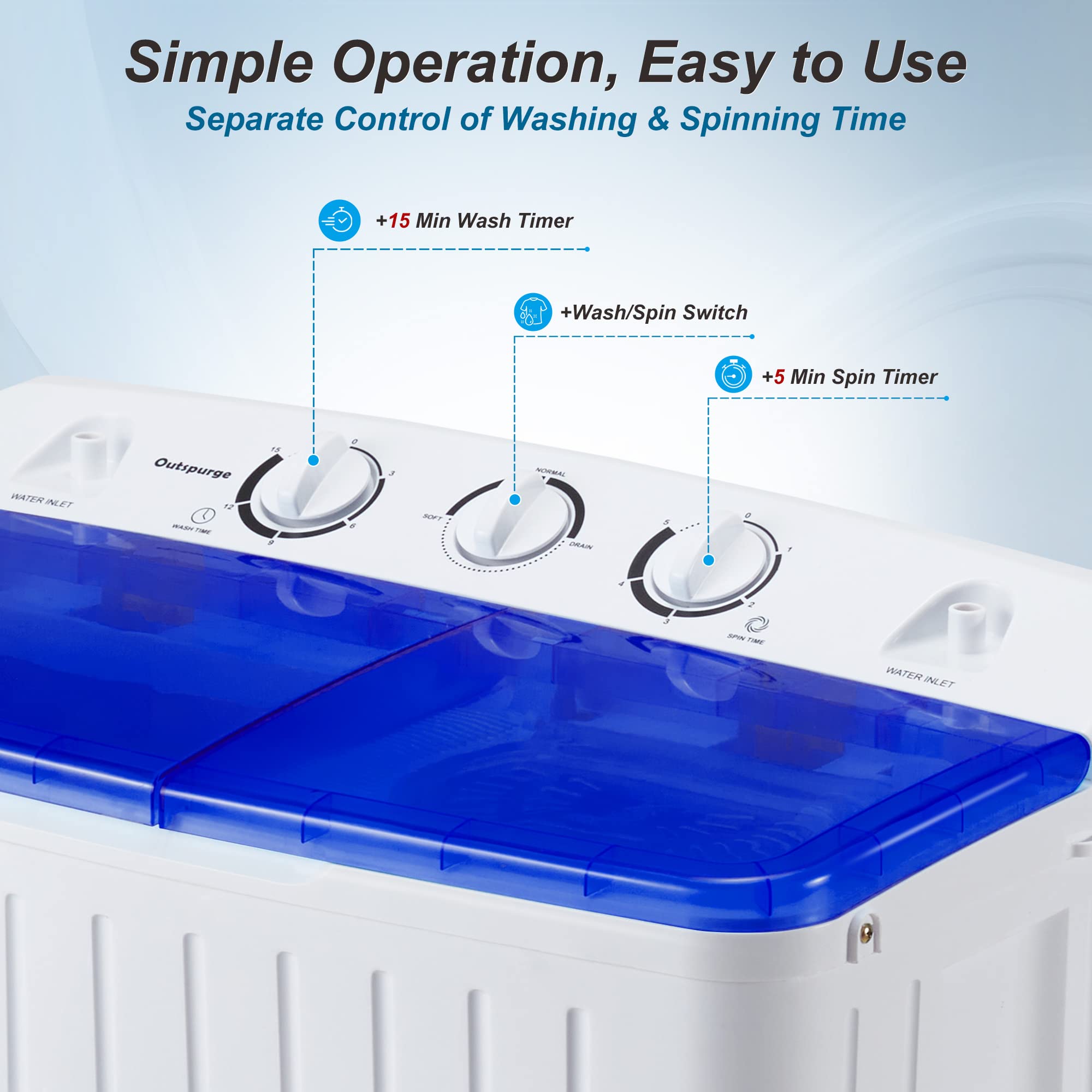 Spurgehom Mini Twin Tub Portable Washing Machine, 20 lbs Large Capacity Washer and Dryer Combo for RV Camping, Apartment, Dormitory, Home, Washing Machine for Students & Tenants,Blue & White