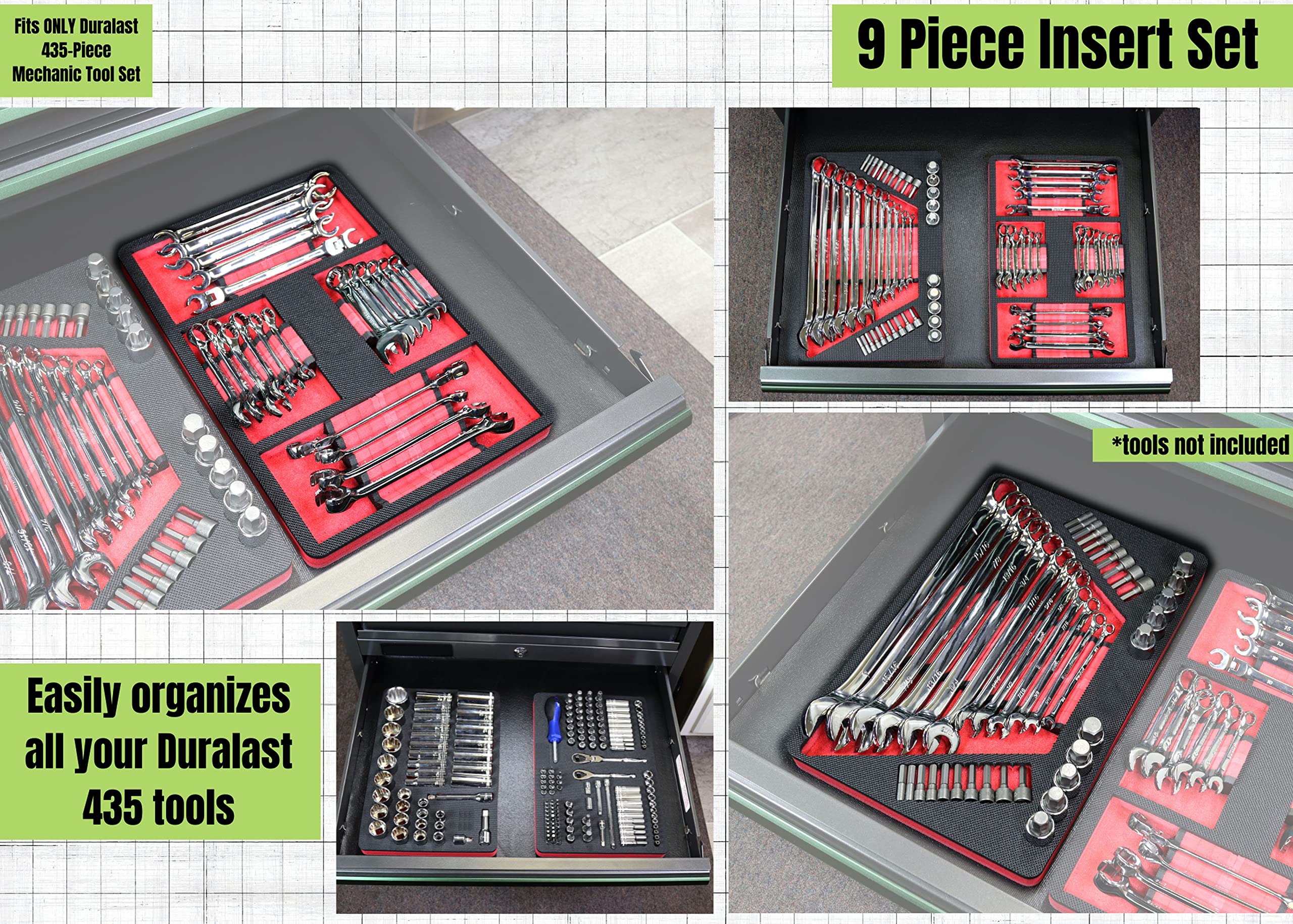Polar Whale Tool Drawer Organizer Inserts Fits Duralast 435 Piece Mechanics Set Red and Black Durable Foam Trays Holds Many Tools ONLY For 61-990 1089589 Fits Most Cabinet and Chest Drawers