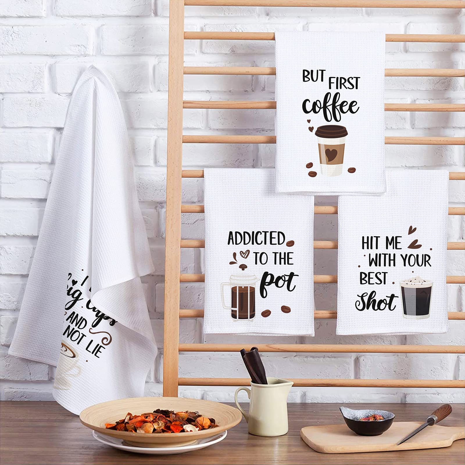 Vansolinne Coffee Kitchen Towels Funny Dish Towels Coffee bar Decor Set of 4 - Decorative Waffle Towels，Funny Hostess Gift,Housewarming Gift,Wedding Shower Gift,Gifts for Mom