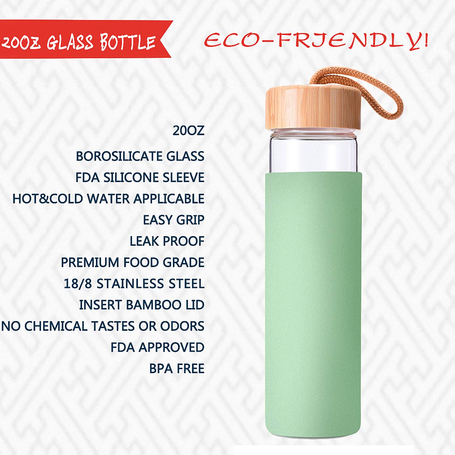 Yomious 20oz Borosilicate Glass Water Bottle with Bamboo Lid and Silicone Sleeve – Reusable BPA Free – Glass Drinking Bottle with Lids - Bundle of 2