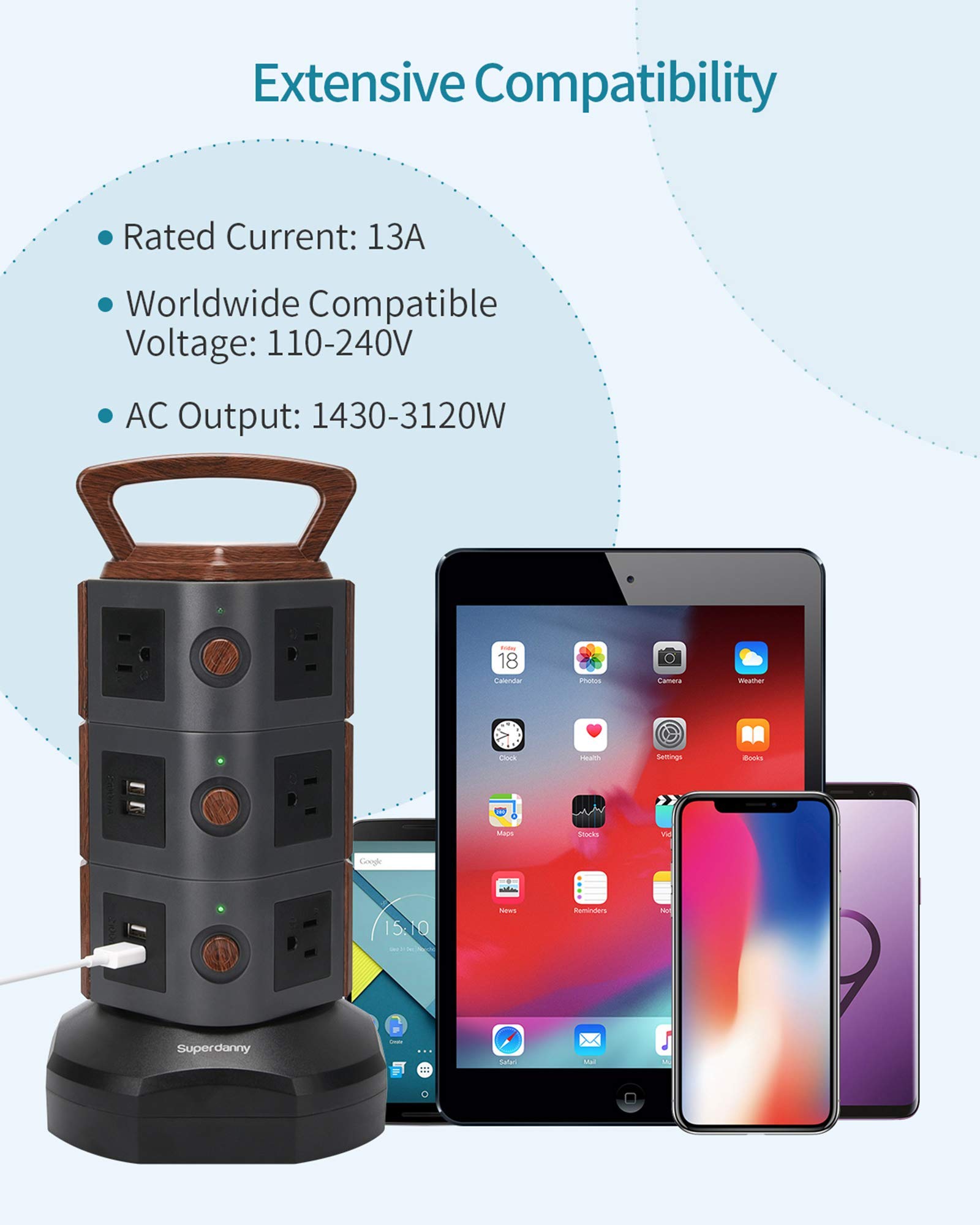 Power Strip Tower - SUPERDANNY Surge Protector Vertical Charging Station with 10 Outlets 4 USB Ports, 6.5ft Retractable Extension Cord Desktop Plug Bar with Wood Grain for Home Office Dorm Room Hotel