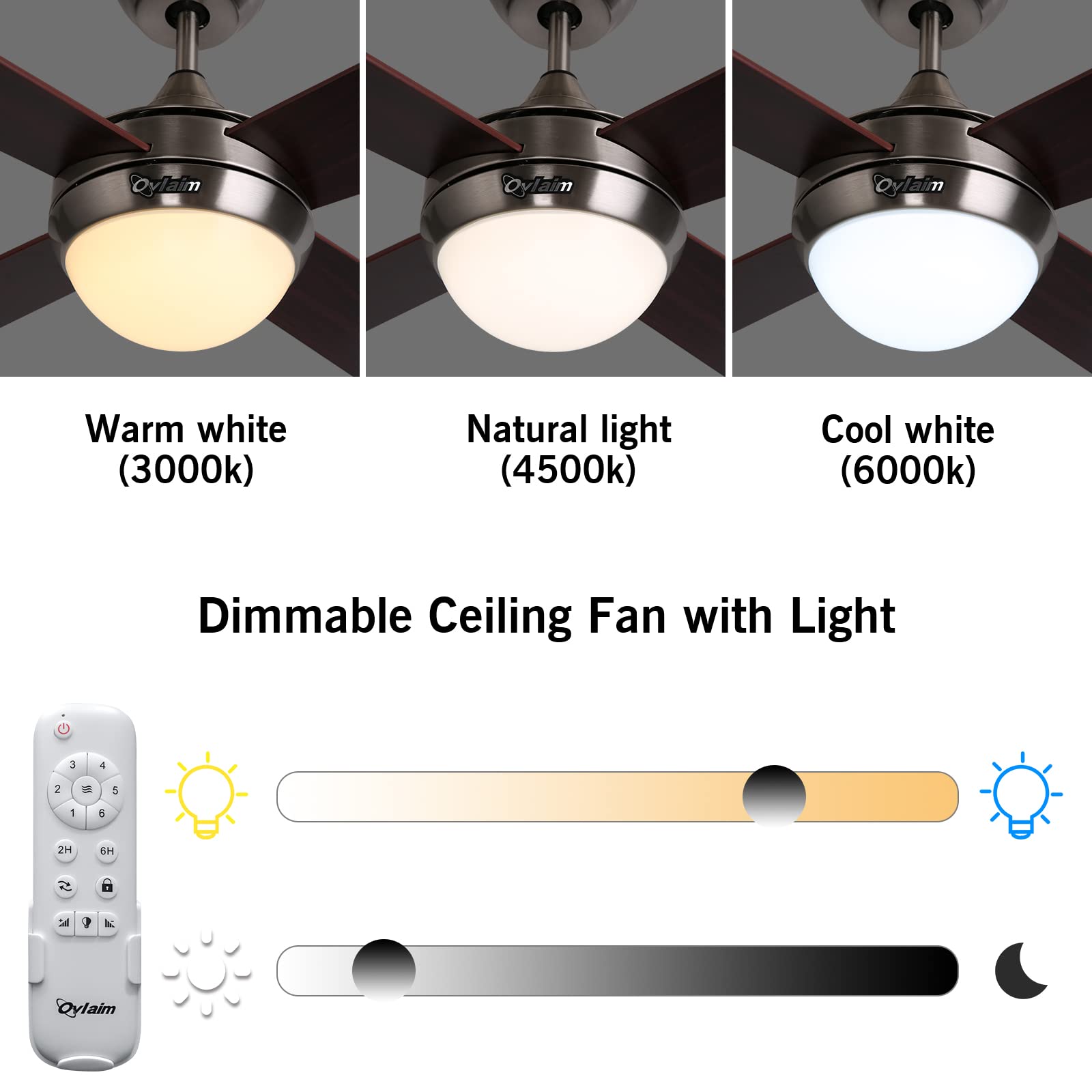 Ovlaim Quiet DC Motor 48 Inch Wood Ceiling Fan with Lights Remote Control for Bedroom Living Room, 4 Blades Brown