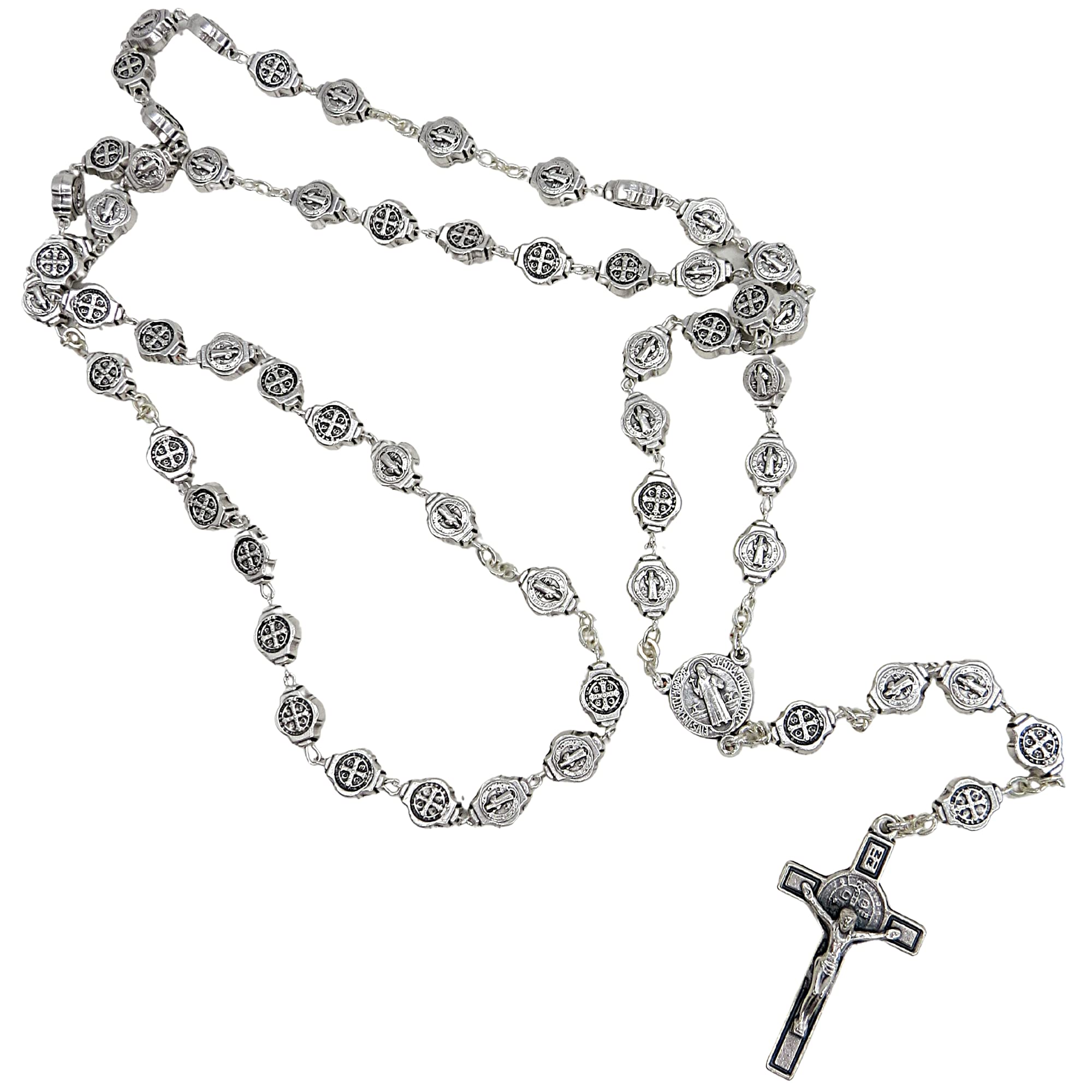 Oxidized Silver Saint Benedict Medal Exorcism Protect Beads Rosary, 22 Inch