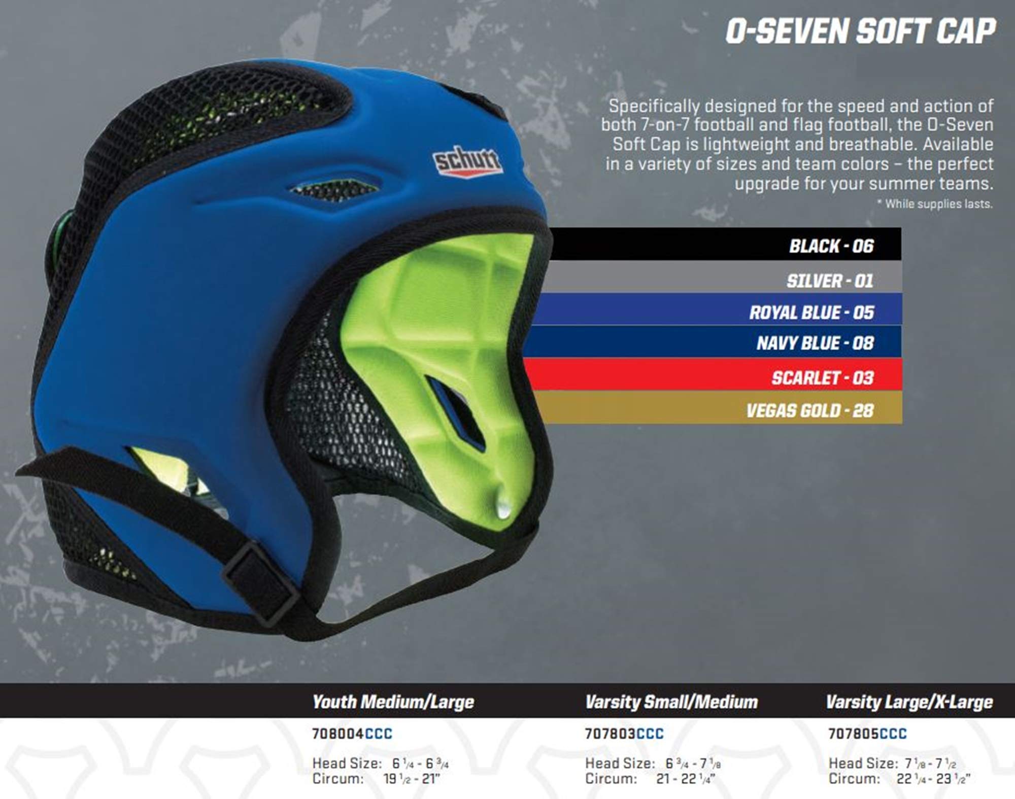 Schutt O-Seven Multi-Sport Soft Shell Protective Cap Helmet, Great for 7v7 Flag Football, Black, Small/Medium