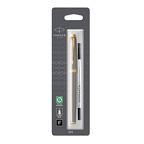 Parker IM Rollerball Pen, Brushed Metal and Gold with Fine Point Black Ink Refill (1975542)