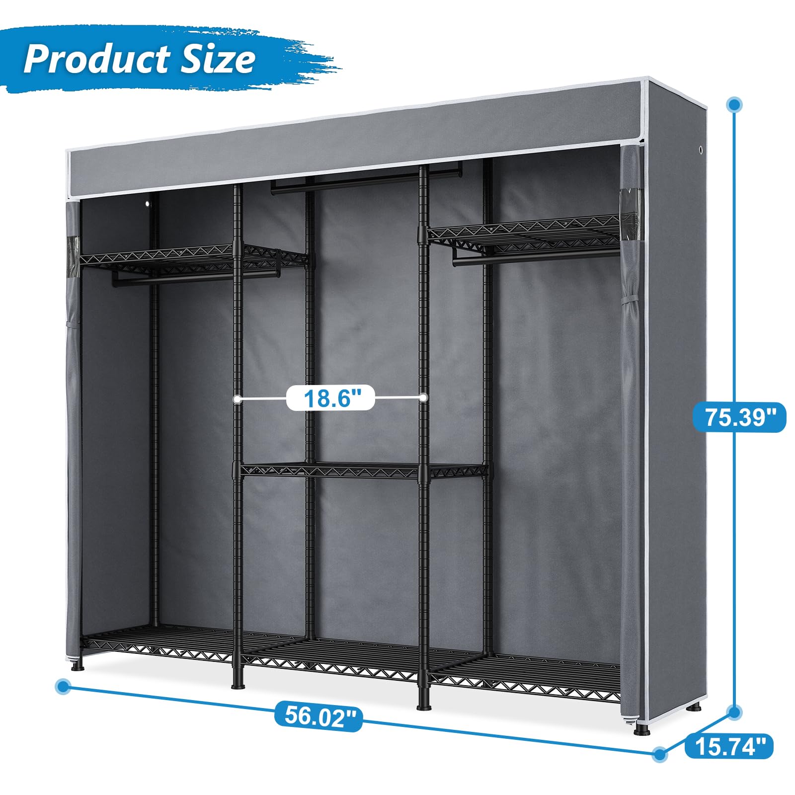 Raybee Heavy Duty Clothes Rack with Cover Loads 795 LBS Clothing Racks for Hanging Clothes Portable Closet Metal Clothes Racks for Hanging Clothes Wire Garment Rack 56" W* 16" D*75.5" H